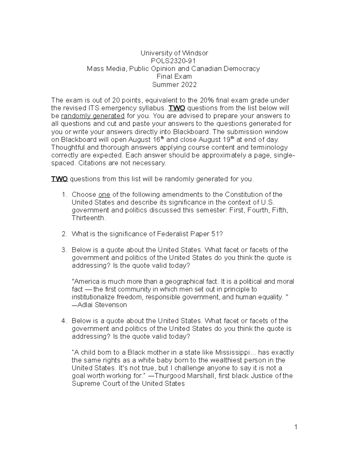 Final Questions - University of Windsor POLS2320- Mass Media, Public ...