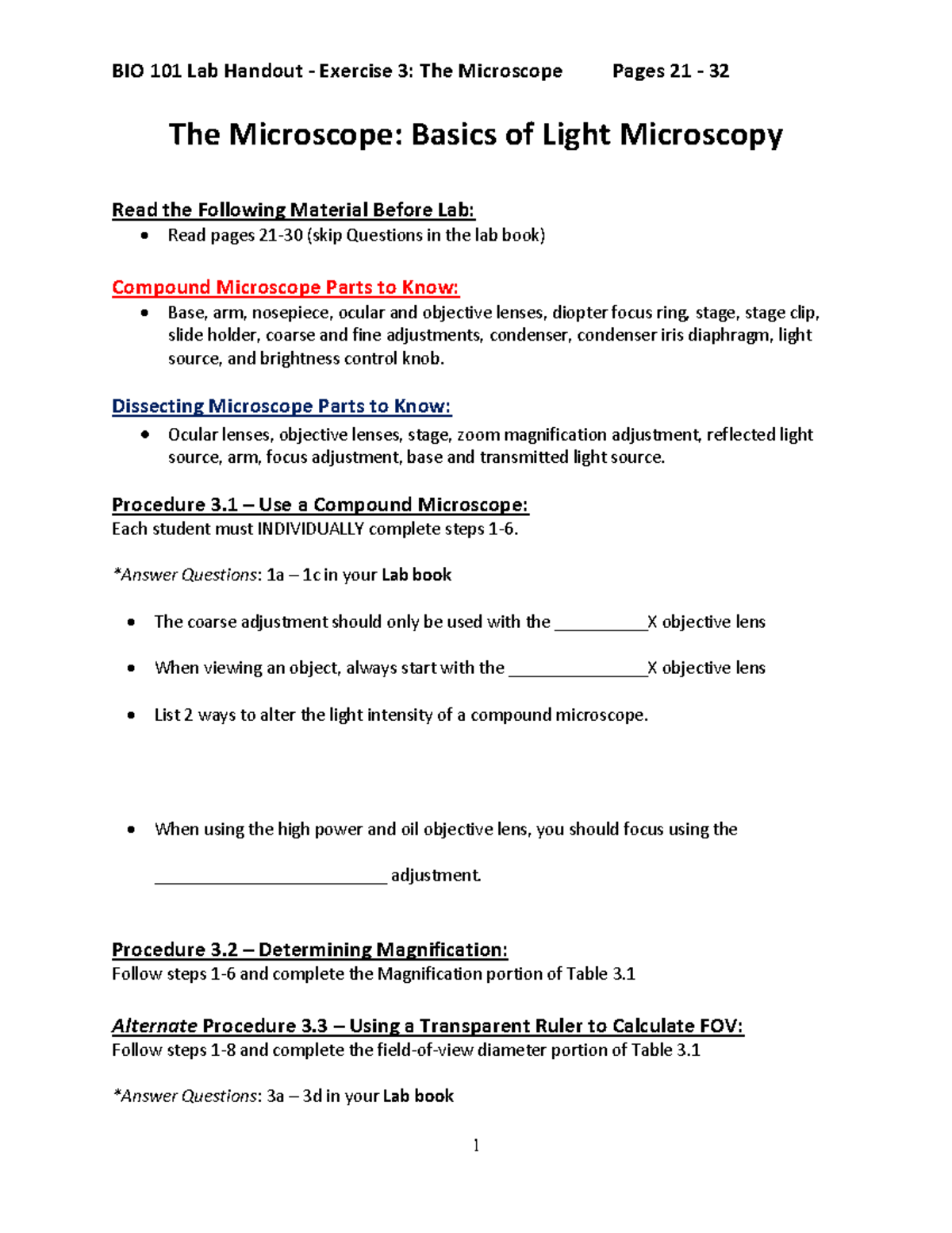 Microscope lab hand-out-F17 - BIO 101 Lab Handout - Exercise 3: The Microscope Pages 21 - 32 1 ...