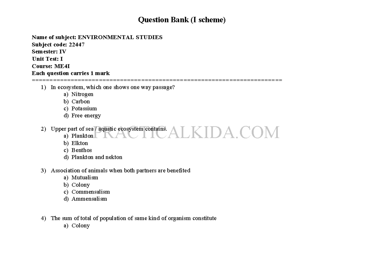 Practicalkida.COM EST - Question Bank (I scheme) Name of subject: ENVIRONMENTAL STUDIES Subject ...