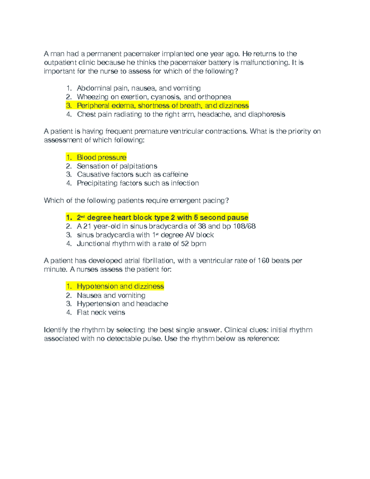 Quiz 2 practice question- Answer KEY - A man had a permanent pacemaker ...