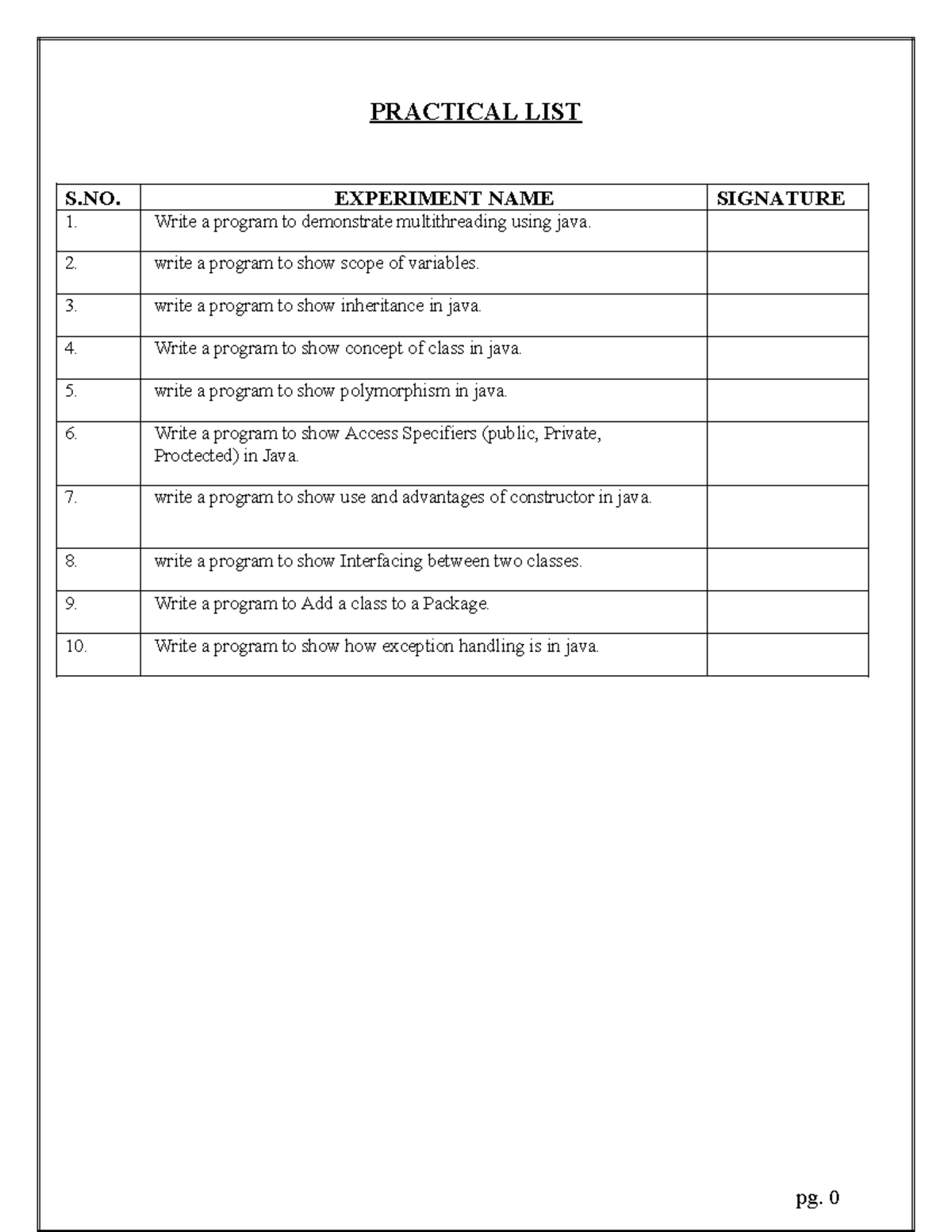 JAVA - PRACTICAL LIST S. EXPERIMENT NAME SIGNATURE 1. Write a program to demonstrate ...