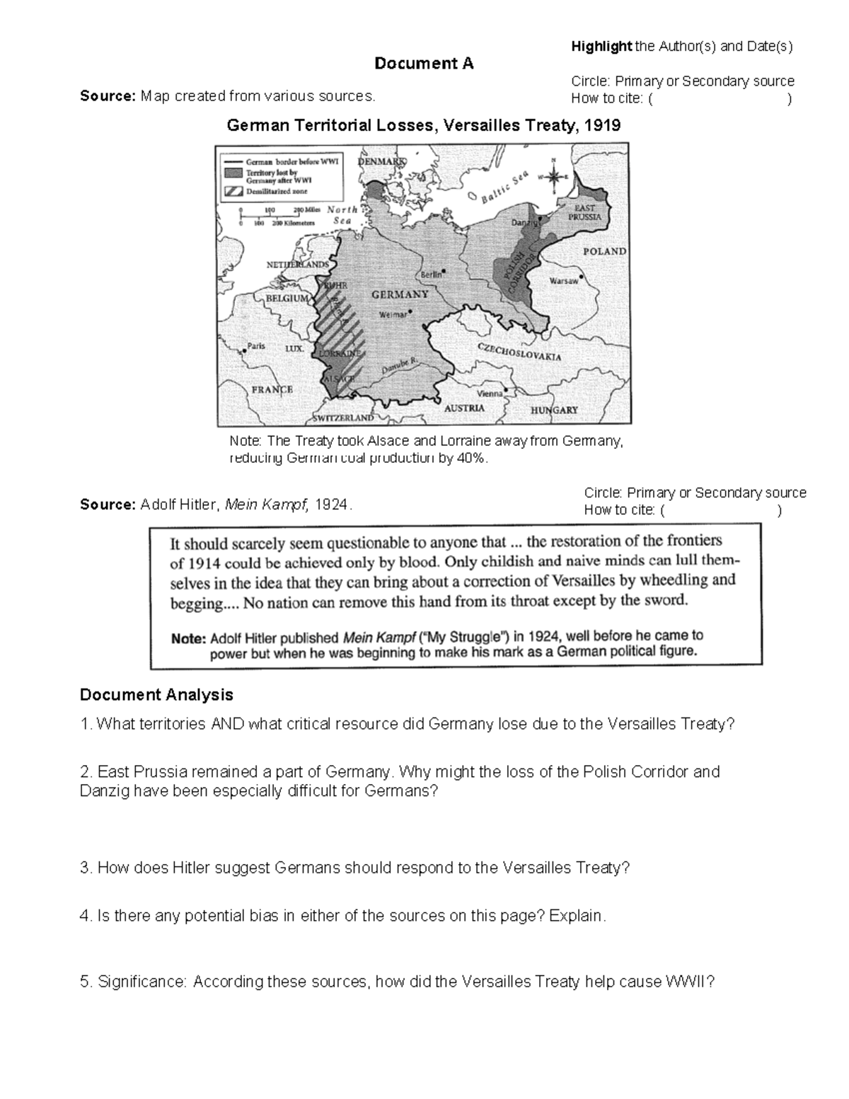 Versailles Treaty DBQ 2020 - Document A Source: Map created from ...