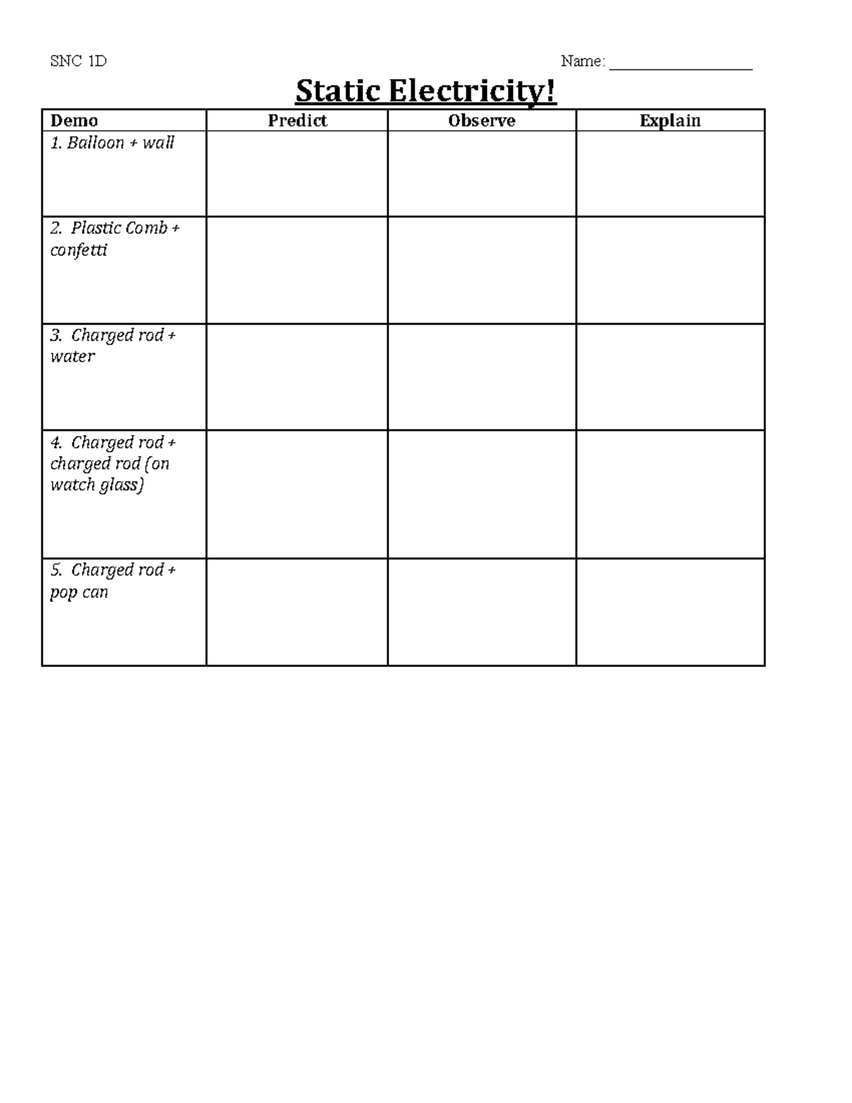 01 - Note Static Electricity, Conduction, Induction - SNC 1D Name ...