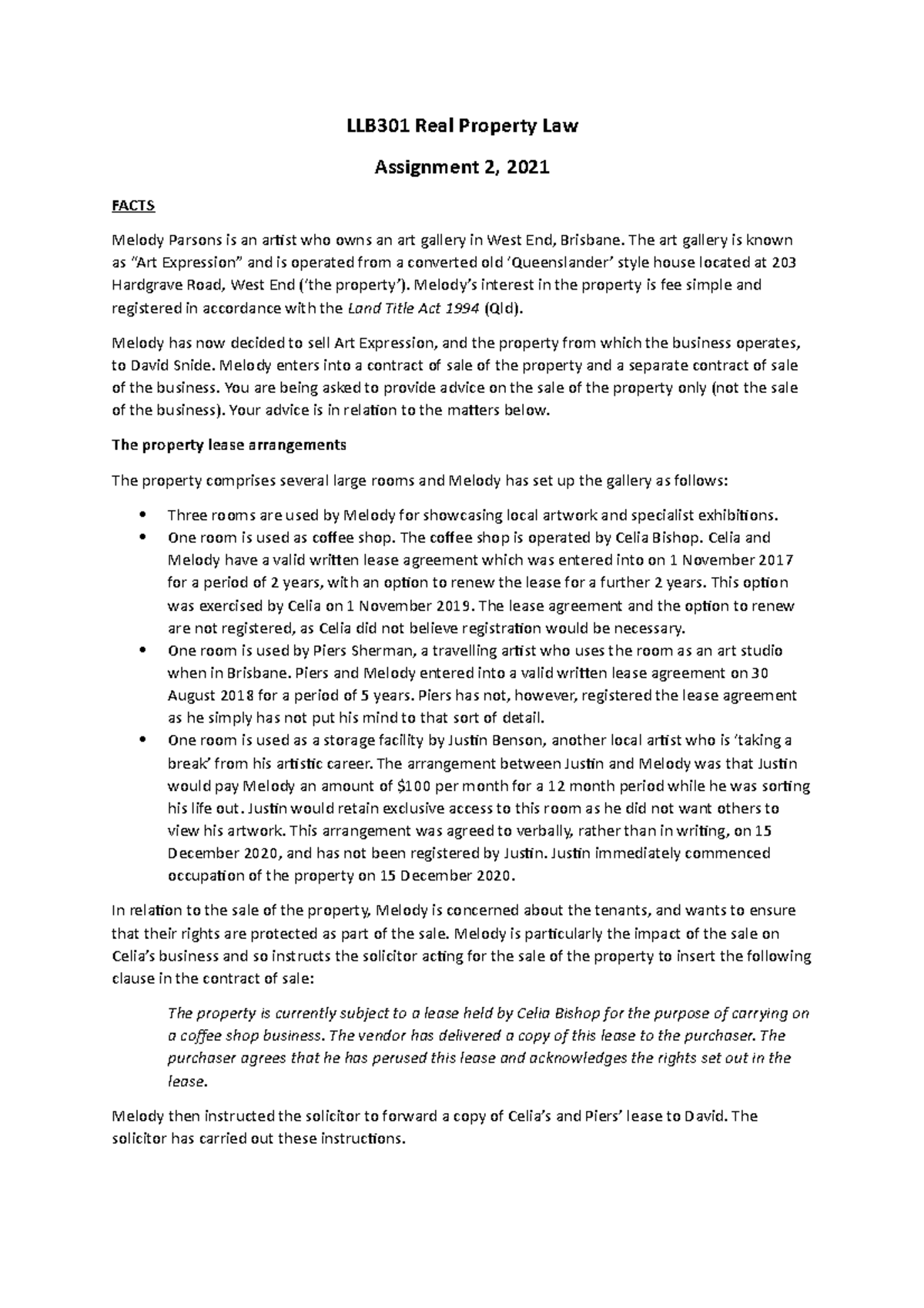 Assignment 2 - ... - LLB301 Real Property Law Assignment 2, 2021 FACTS ...