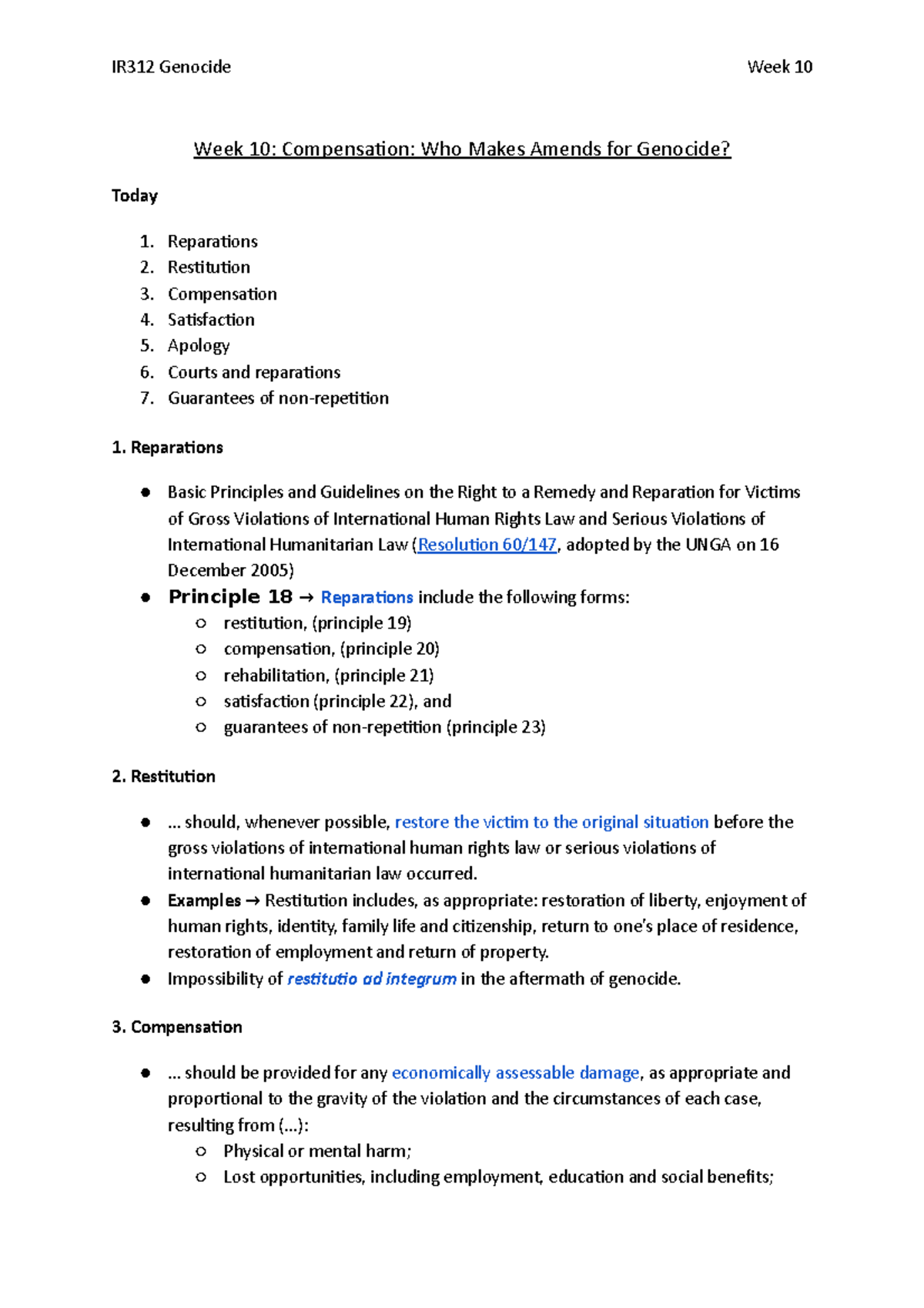 LT Week 10 - Lecture, book and class summaries - Week 10: Compensation: Who Makes Amends for ...