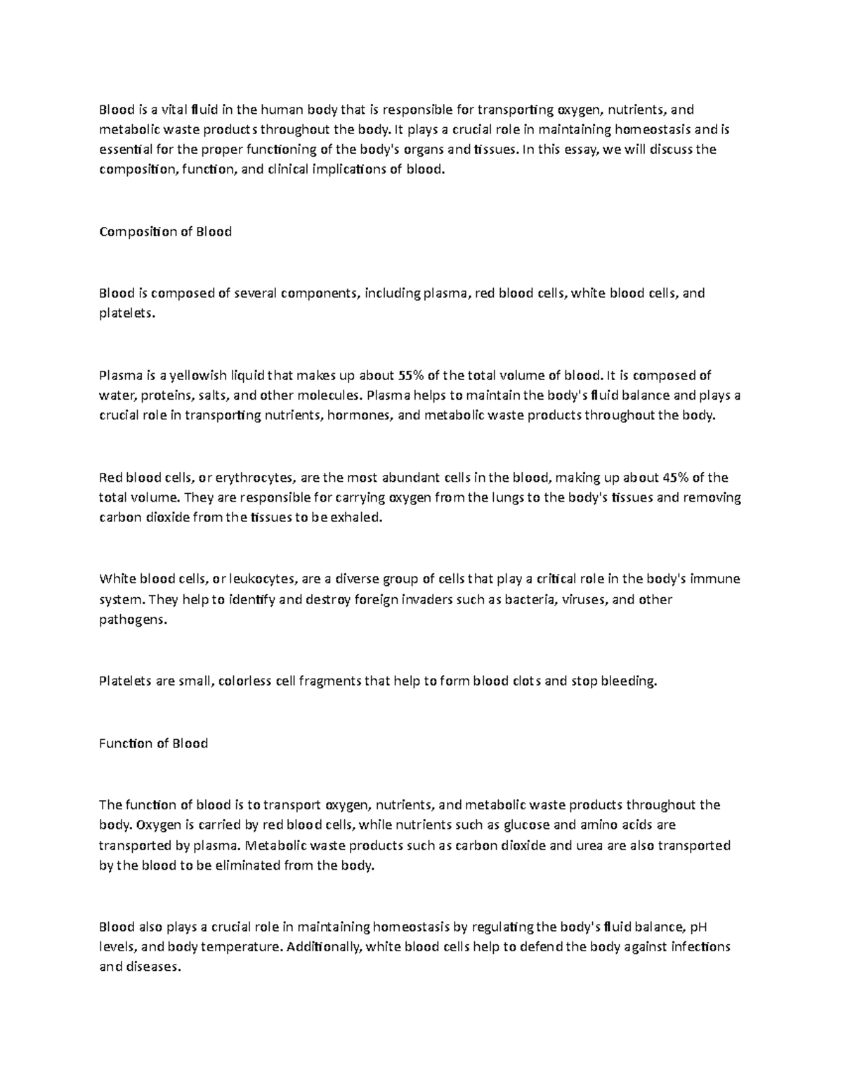 Blood lecture - notes - Blood is a vital fluid in the human body that ...