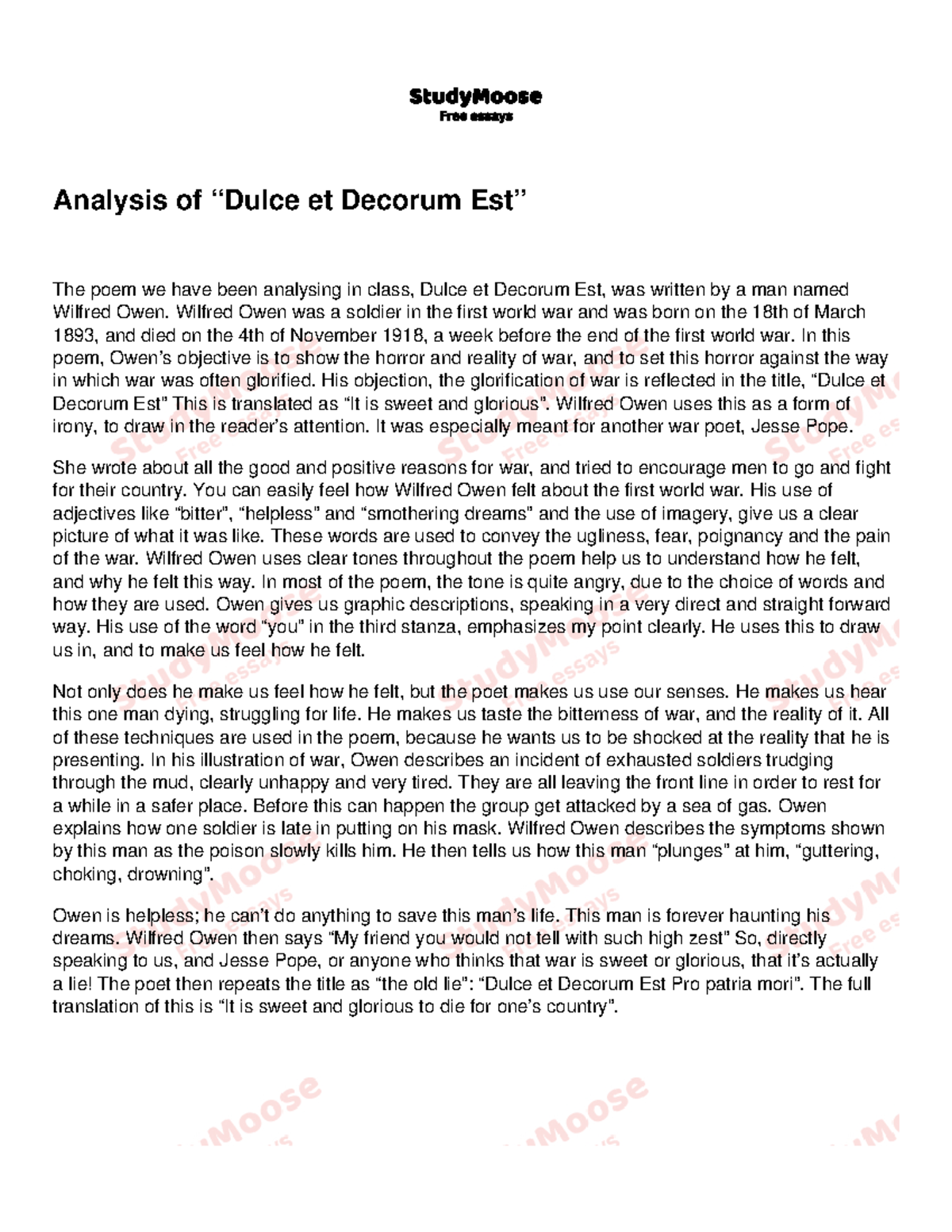 Analysis of “Dulce et Decorum Est” - Wilfred Owen was a soldier in the ...