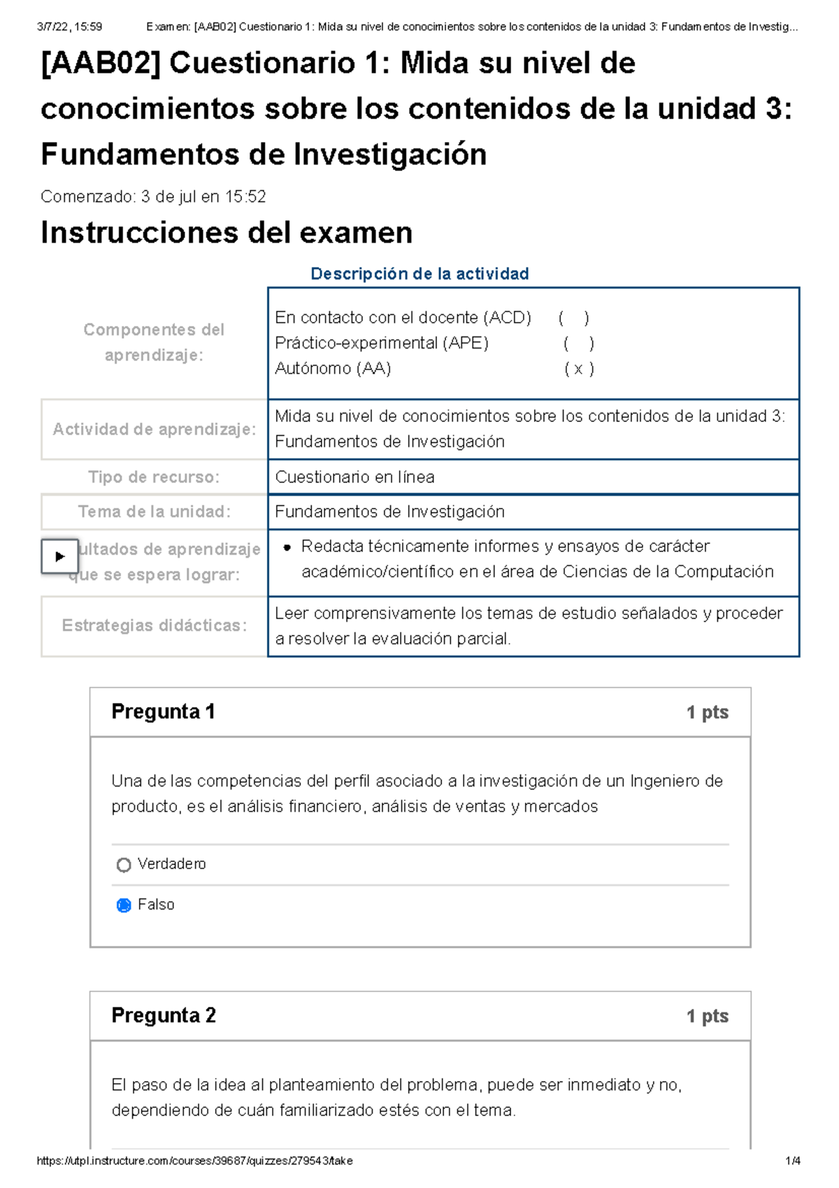 Examen~1 - cuestionario - [AAB02] Cuestionario 1: Mida su nivel de conocimientos sobre los - Studocu
