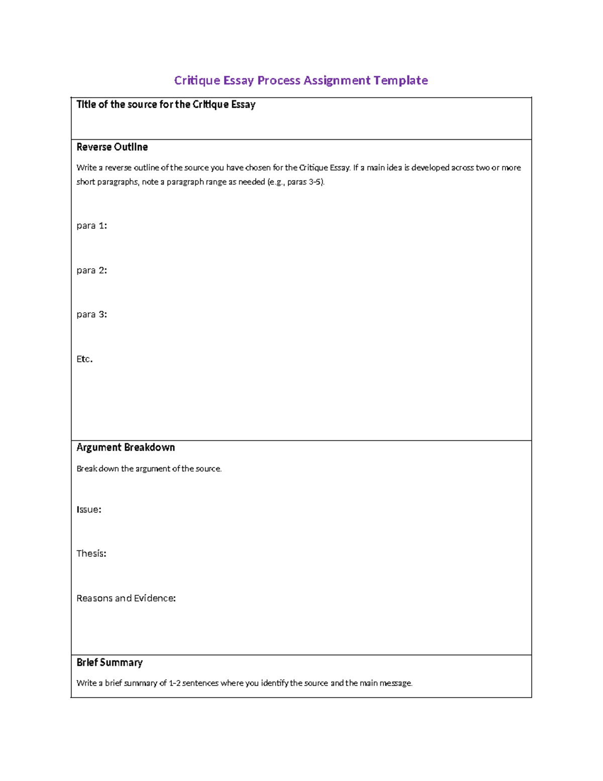 Critique Essay Process Assignment Template - If a main idea is ...