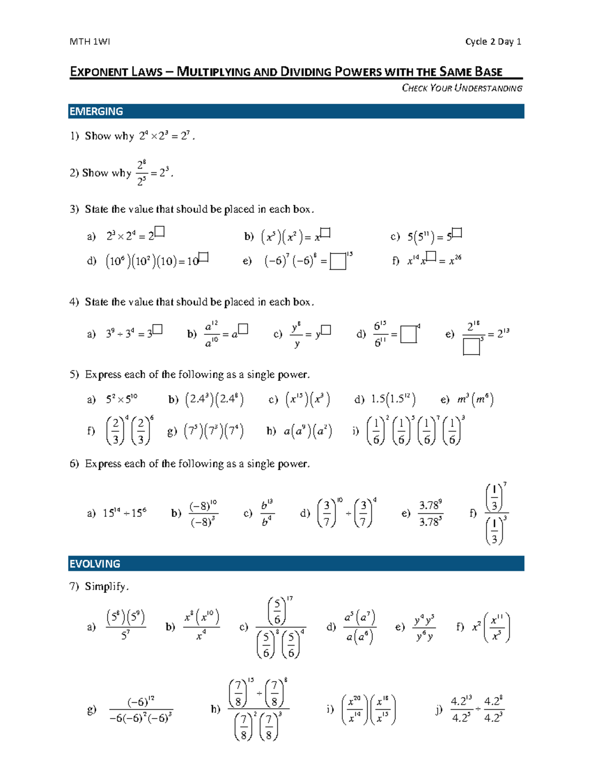 2-1 Multiplying and Dividing Powers with the Same Base CYU - MTH 1WI ...
