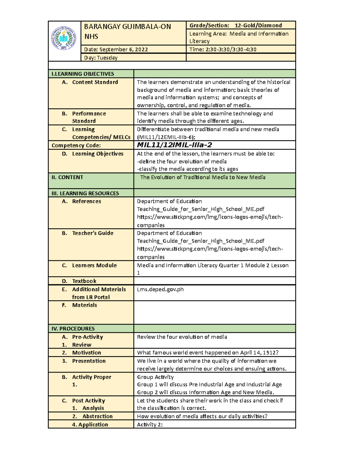 DLP MIL day 2 WEEK 3 - BARANGAY GUIMBALA-ON NHS Grade/Section: 12-Gold/Diamond Learning Area ...