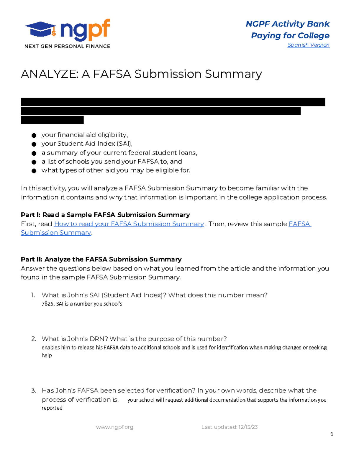 Analyze A Fafsa Submission Summary - NGPF Activity Bank Paying for ...