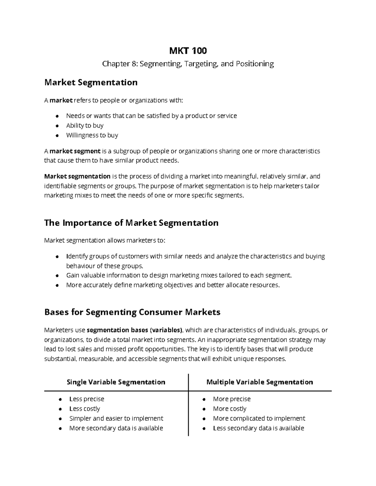 MKT 100 Ch 8 - Segmenting, Targeting, and Positioning - MKT 100 Chapter ...