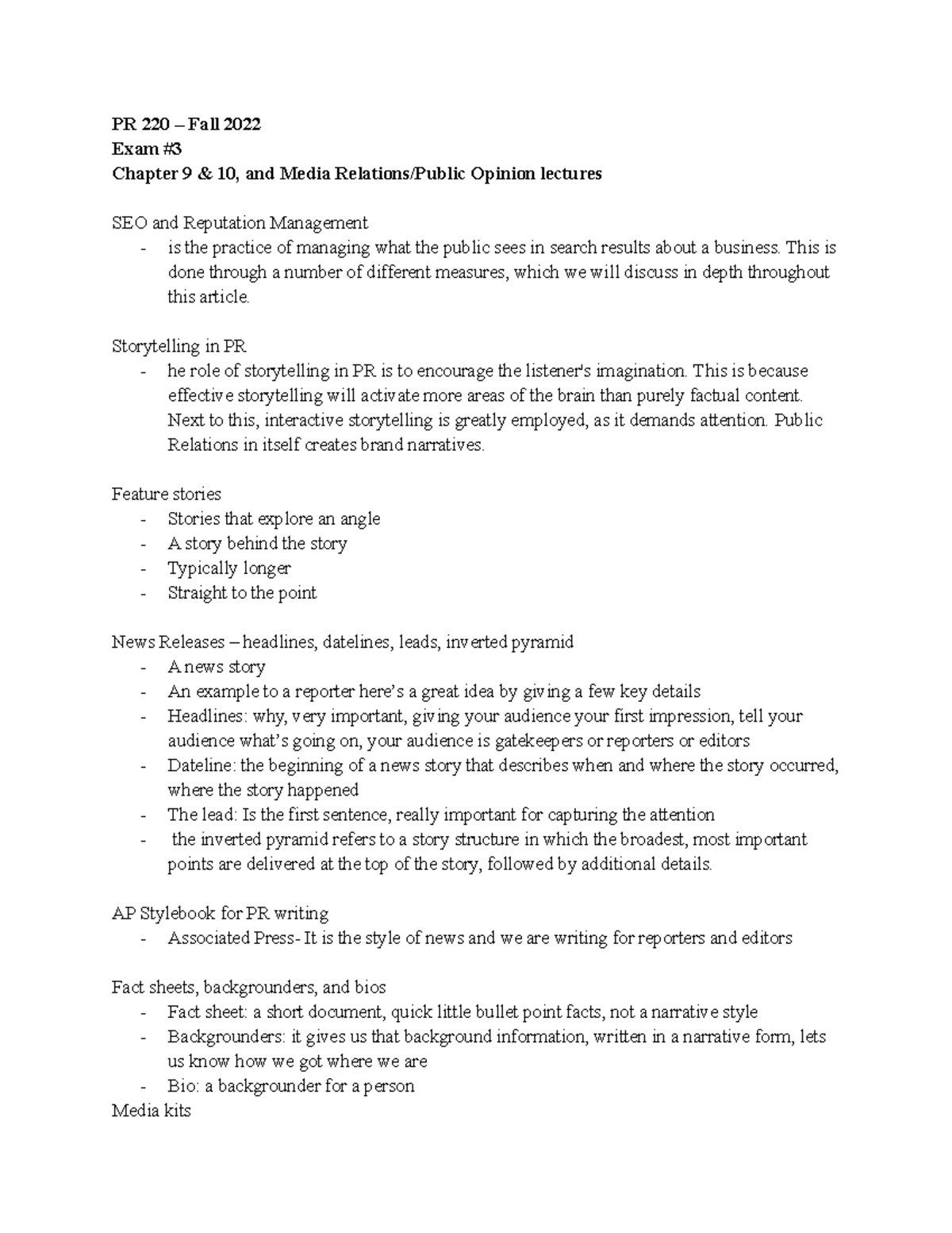 PR 220 – exam 3 study guide - PR 220 – Fall 2022 Exam # Chapter 9 & 10, and Media - Studocu