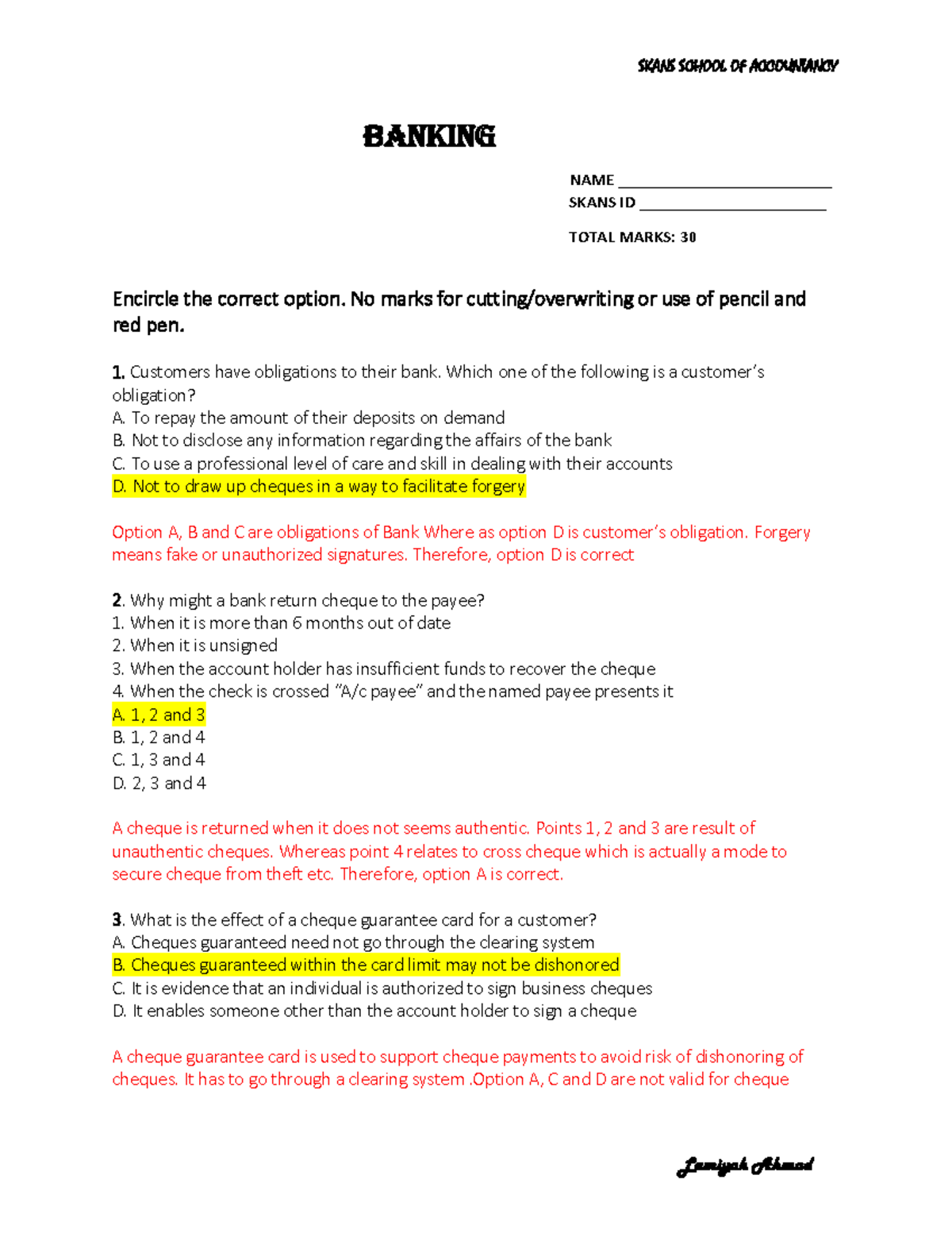 Chapter 11 banking - questions - BANKING NAME ...