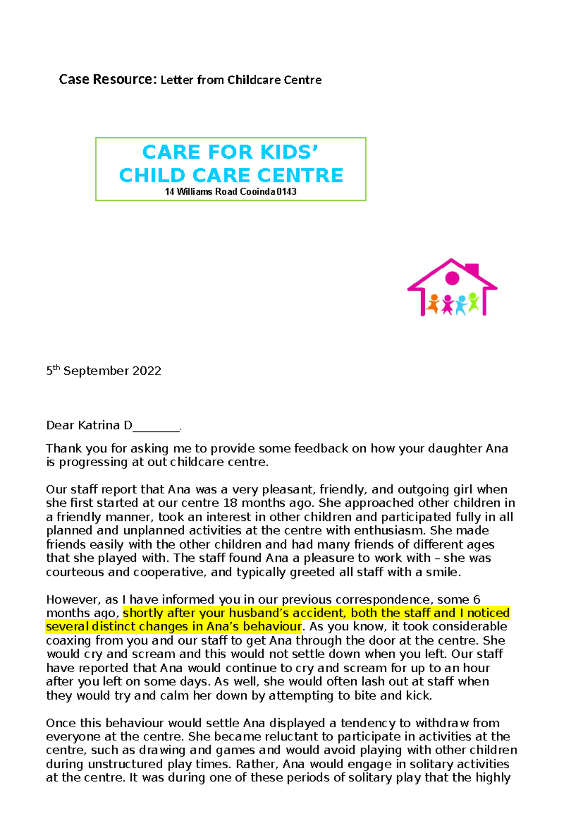 Article 1 or 2 - upload for fun - Case Resource: Letter from Childcare ...