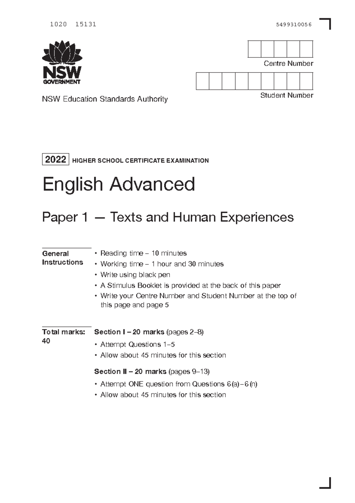 2022 HSC English Advanced Paper 1 PP - 1020 15131 5499310056 NSW ...