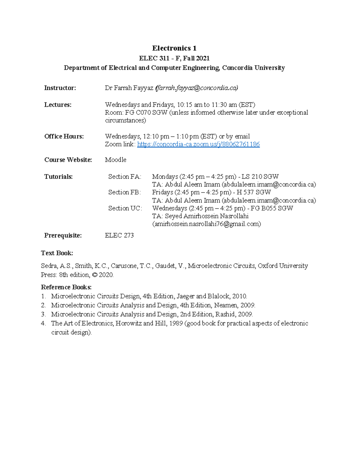 ELEC311 F21 Course Outline v1 - Electronics 1 ELEC 311 - F, Fall 2021 ...