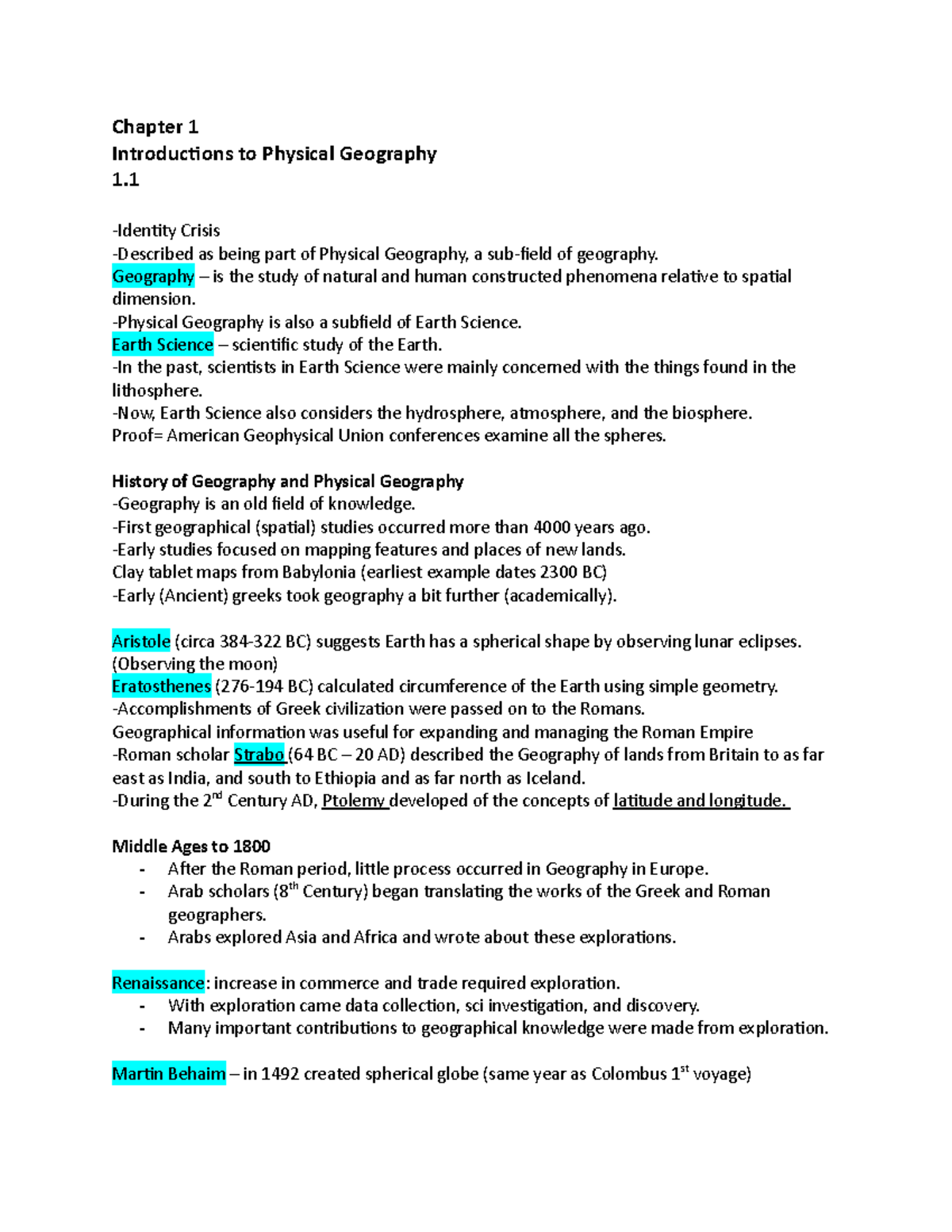 Geography Notes - Chapter 1 Introductions to Physical Geography 1 ...