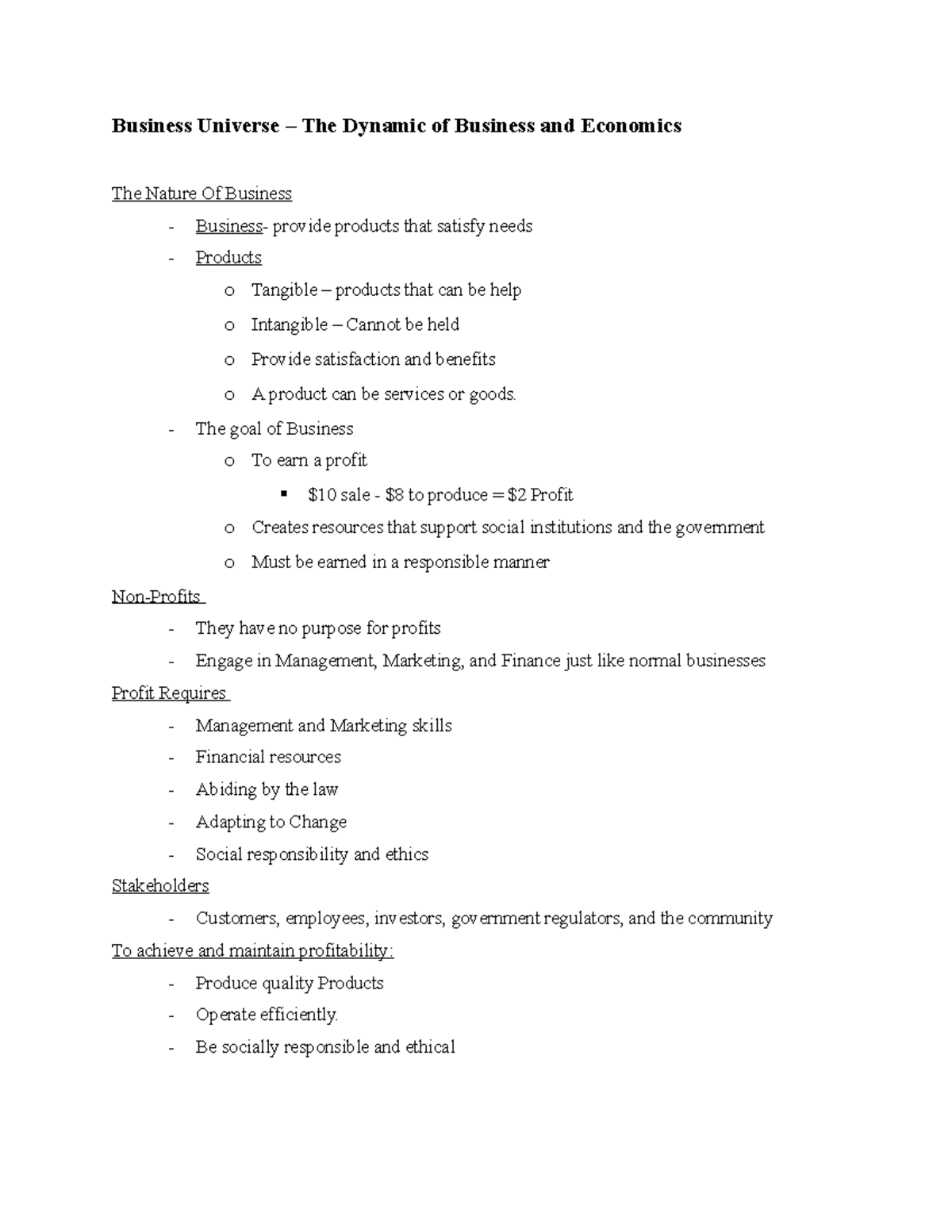 BA 101- The dynamic of business and economics - Business Universe – The ...