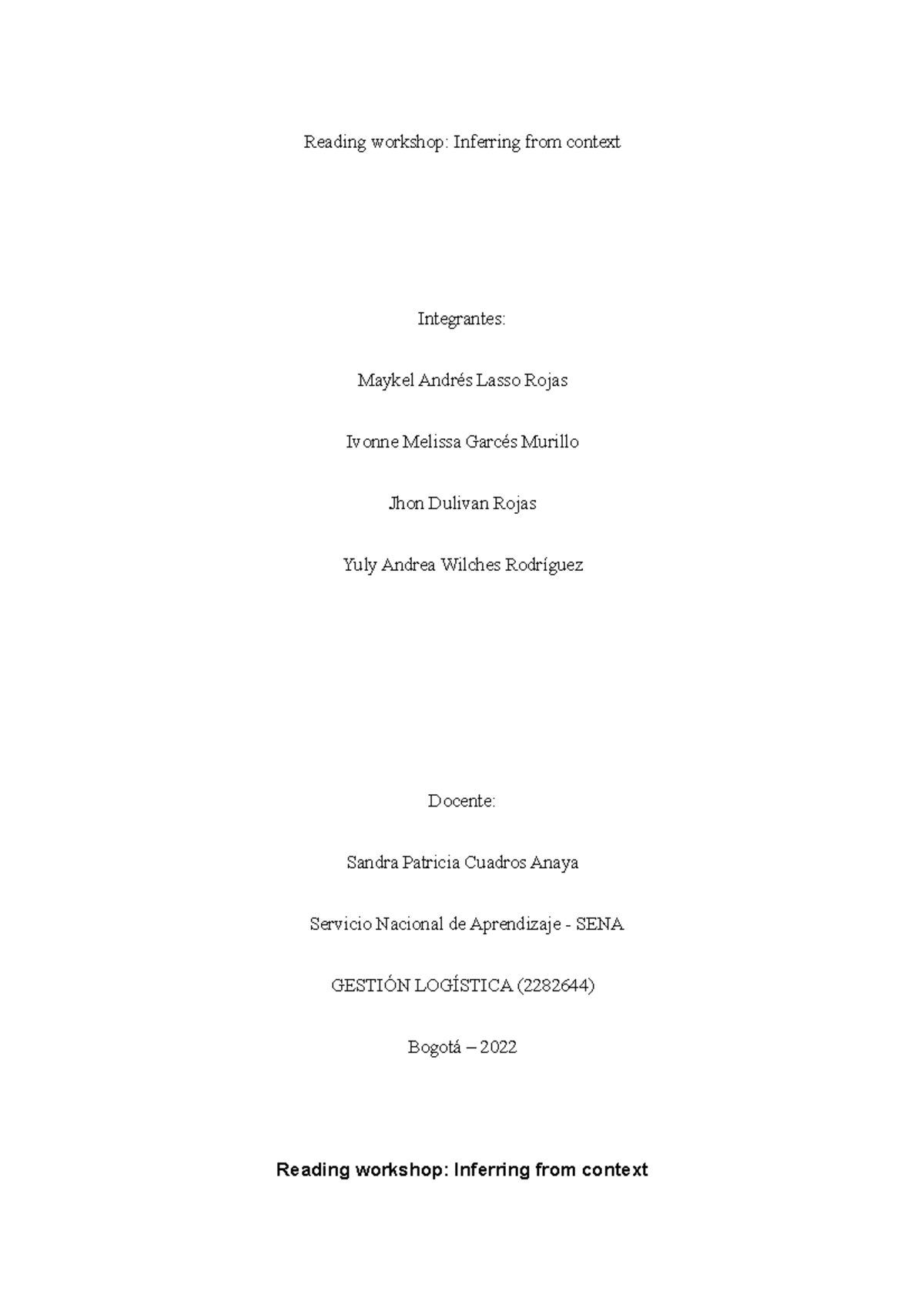 Evidencia 4 Reading workshop Inferring from context - Reading workshop ...