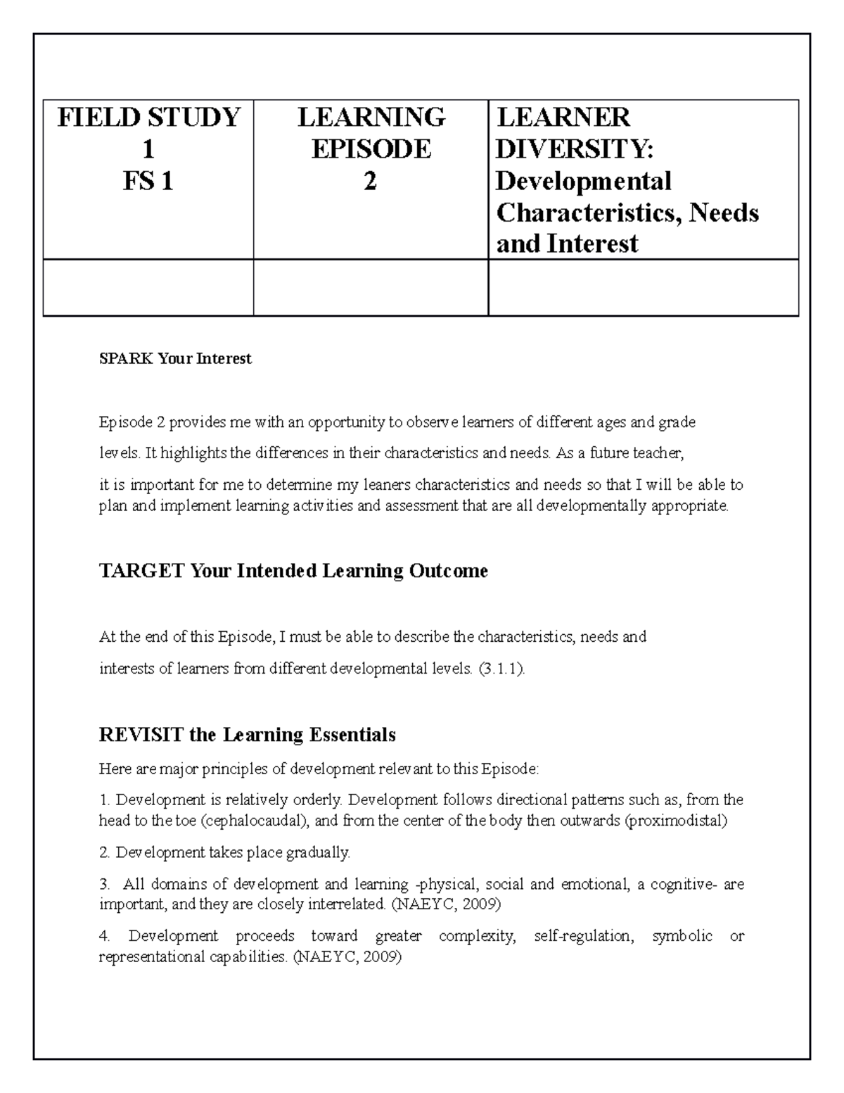 Edfs episode 2-activity - FIELD STUDY 1 FS 1 LEARNING EPISODE 2 LEARNER DIVERSITY: Developmental ...
