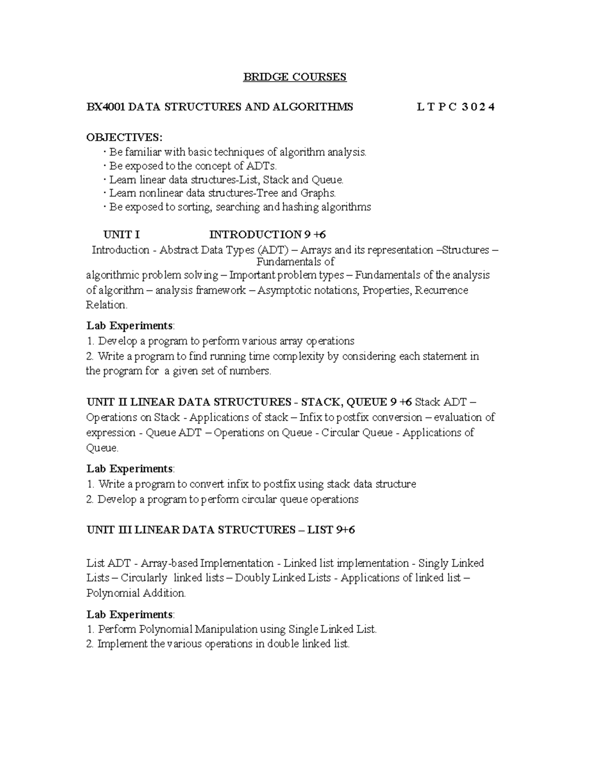 Bridge Courses DSA Syllabus - BRIDGE COURSES BX4001 DATA STRUCTURES AND ALGORITHMS L T P C 3 0 2 ...