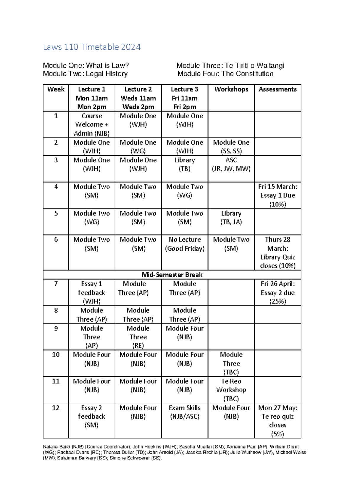 Laws 110 Timetable 2024 (final) - Laws 110 Timetable 2024 Module One ...