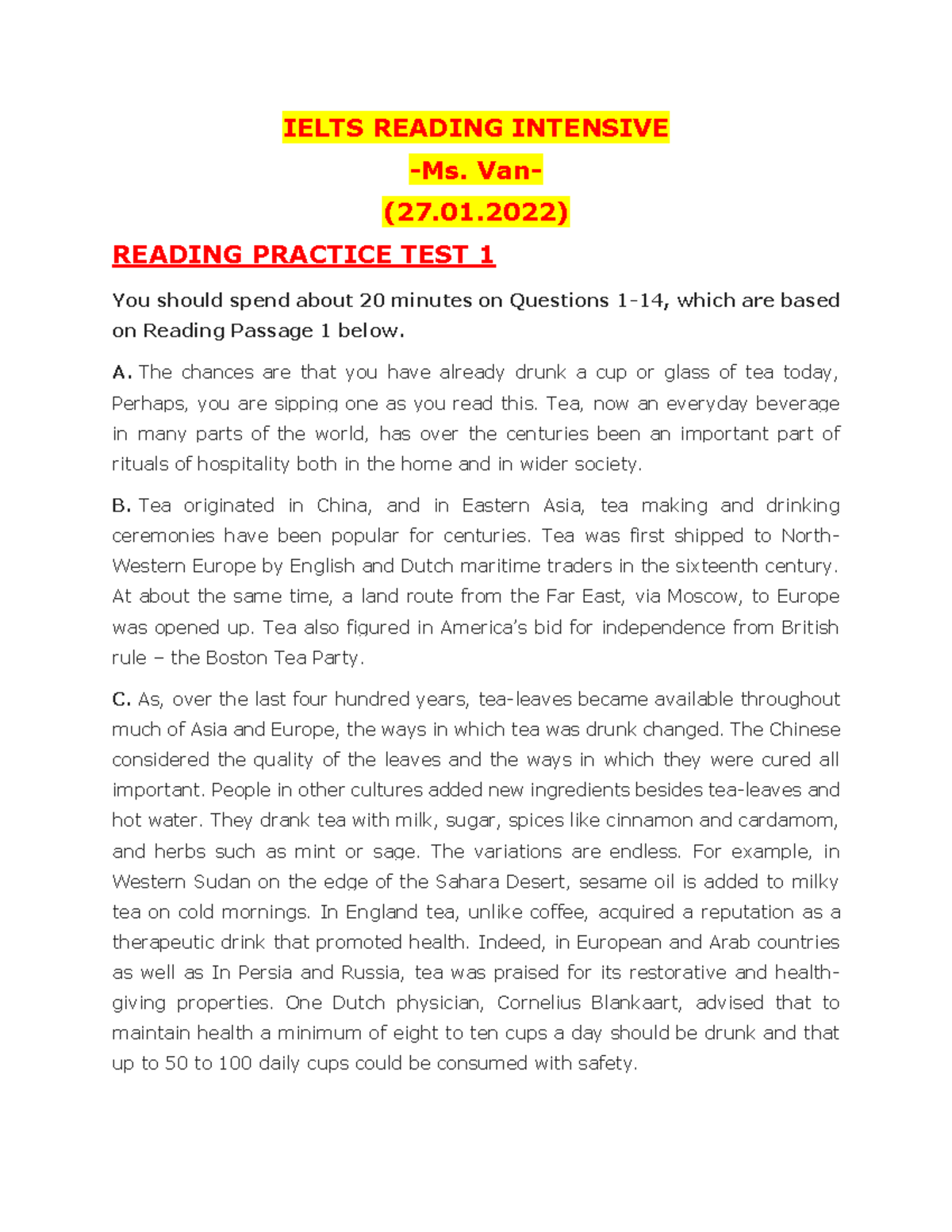 ielts reading giai - IELTS READING INTENSIVE -Ms. Van- (27.01) READING ...