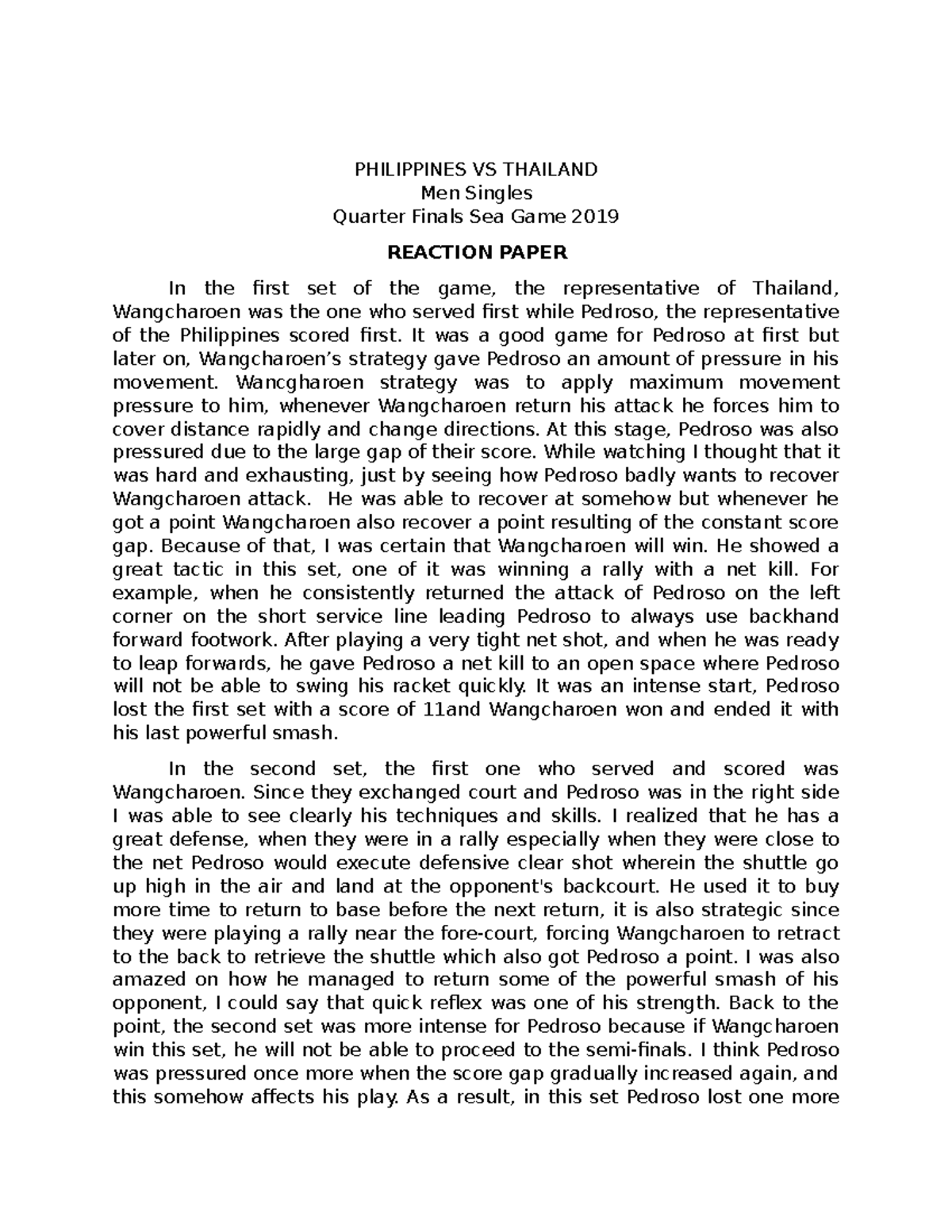 PE Badminton Reaction Paper PHILIPPINES VS THAILAND Men Singles pe-badminton-reaction-paper-philippines-vs-thailand-men-singles