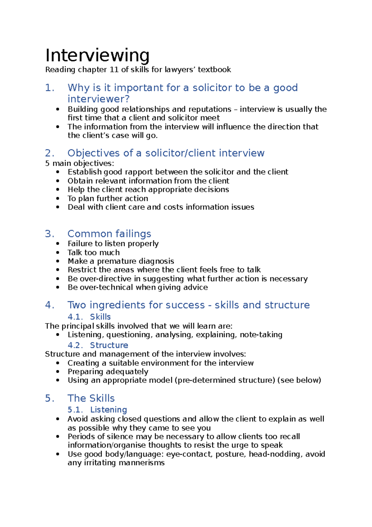 Interviewing workshop prep lecture notes - Interviewing Reading chapter ...
