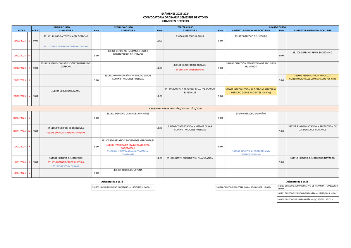 Fechas de Exámenes 01 - Exams Timetable - HORA ASIGNATURA Hora ...