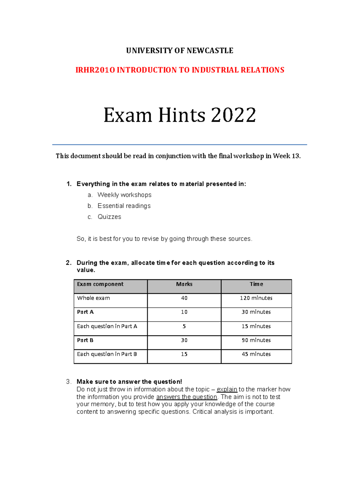 Exam hints 2022 - UNIVERSITY OF NEWCASTLE IRHR201O INTRODUCTION TO ...
