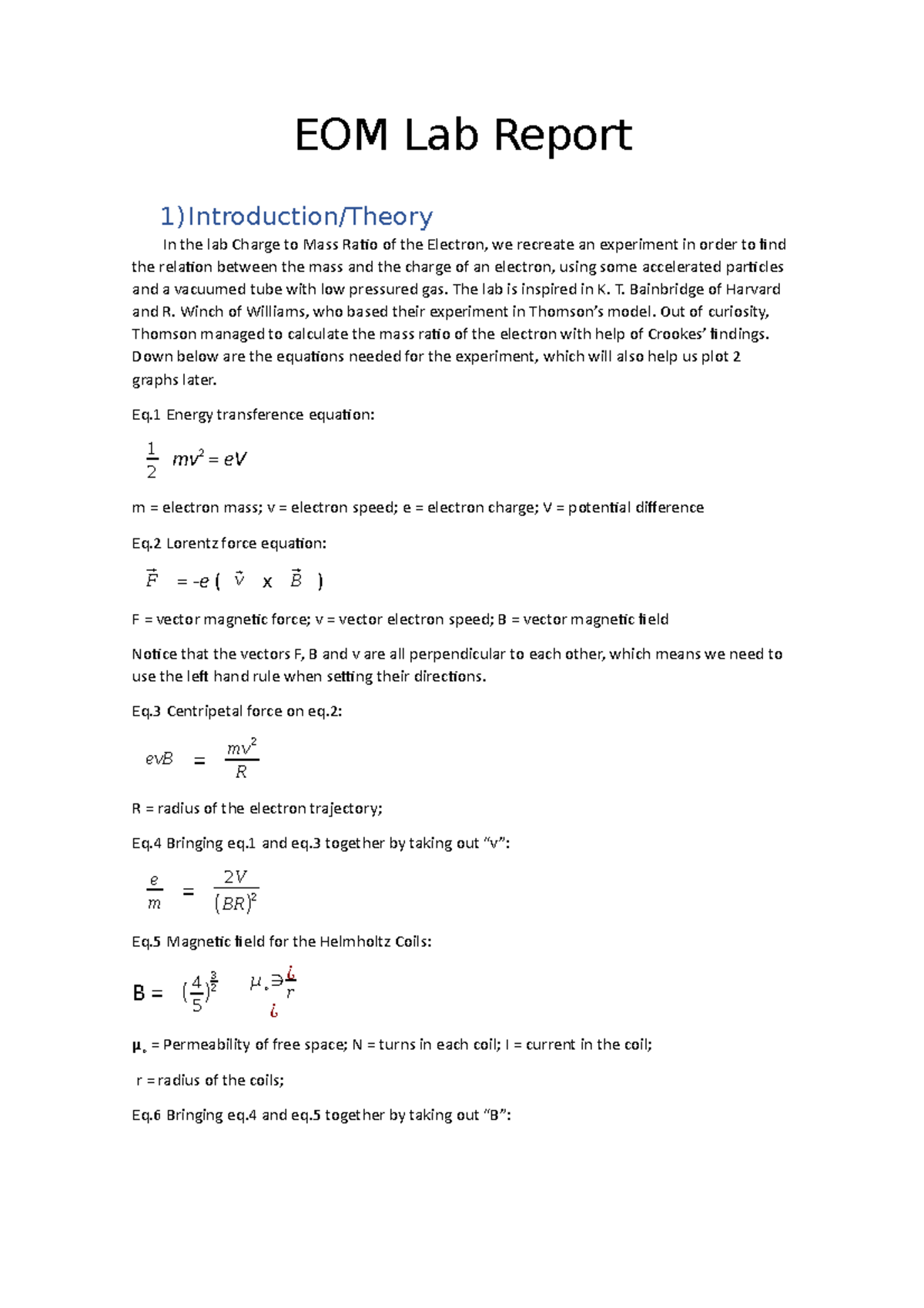 EOM Lab Report PHYS 122 - normal lab report - EOM Lab Report 1 ...