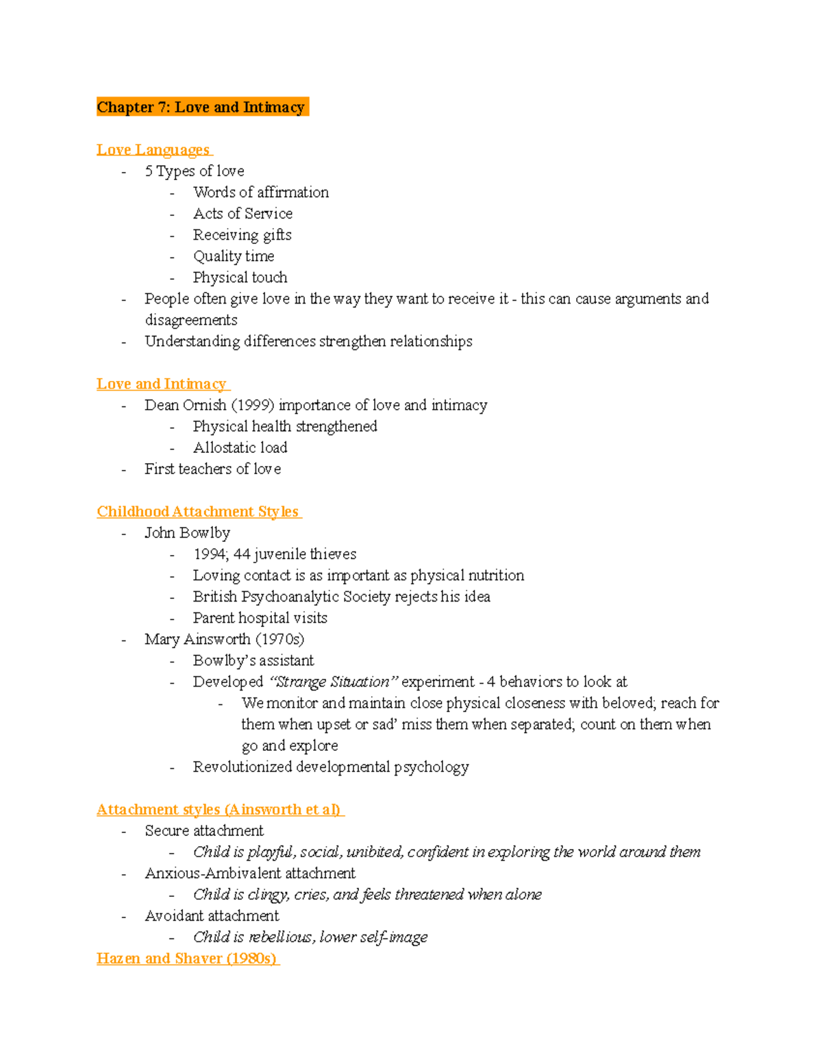 Chapter 7-8 Lecture Notes - Chapter 7: Love and Intimacy Love Languages ...