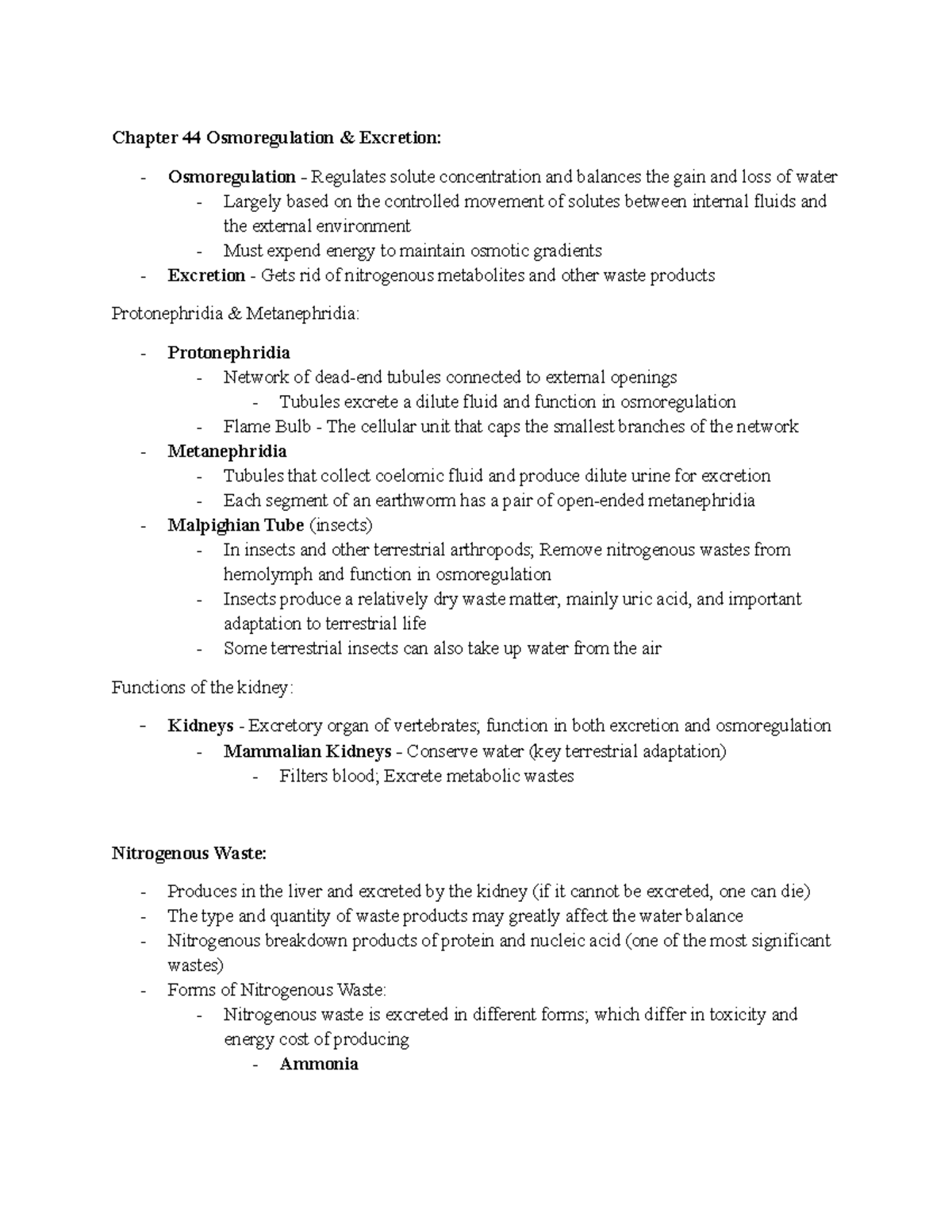 Quia Ap Bio Osmoregulation And Excretion