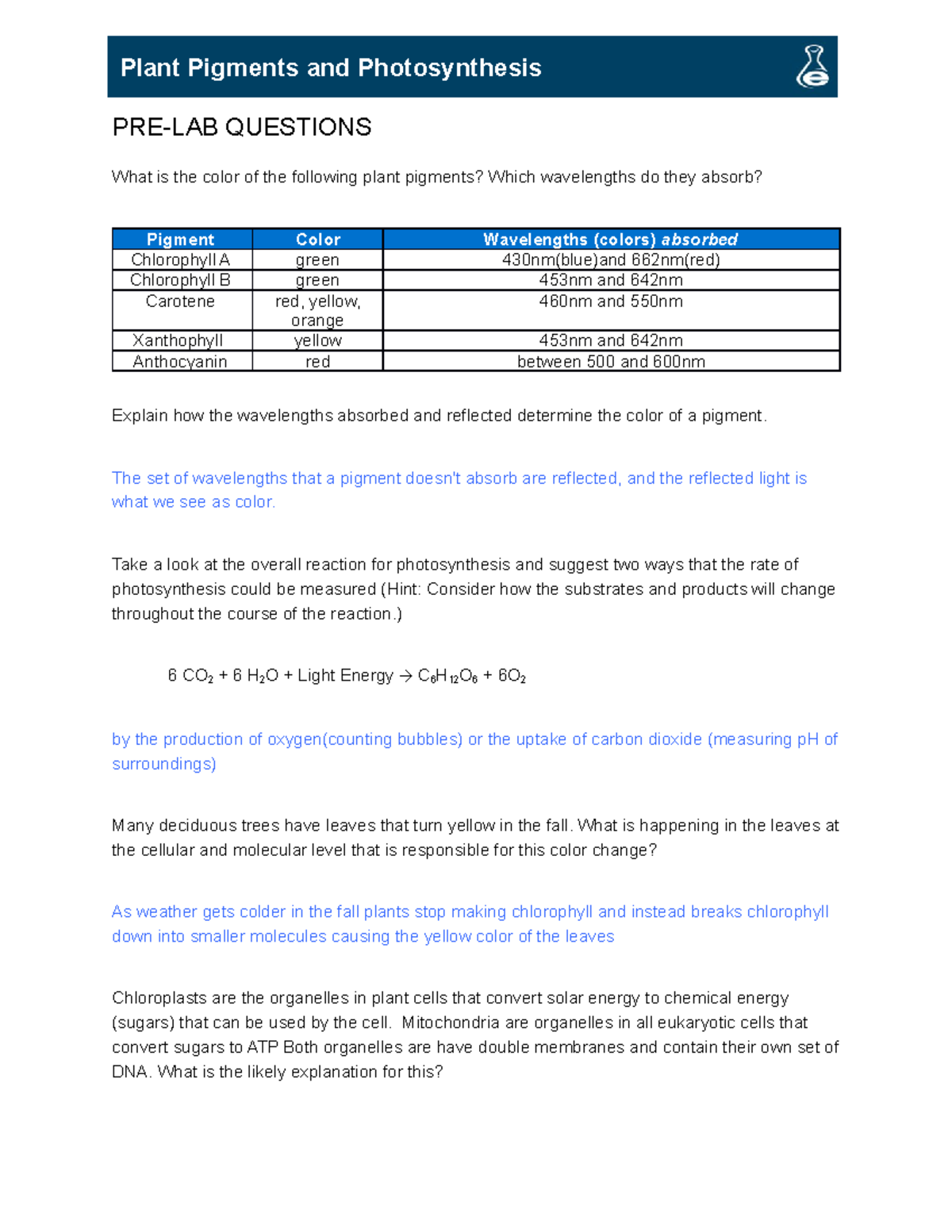 IB 1201 L13 Photosynthesis - PRE-LAB QUESTIONS What is the color of the ...