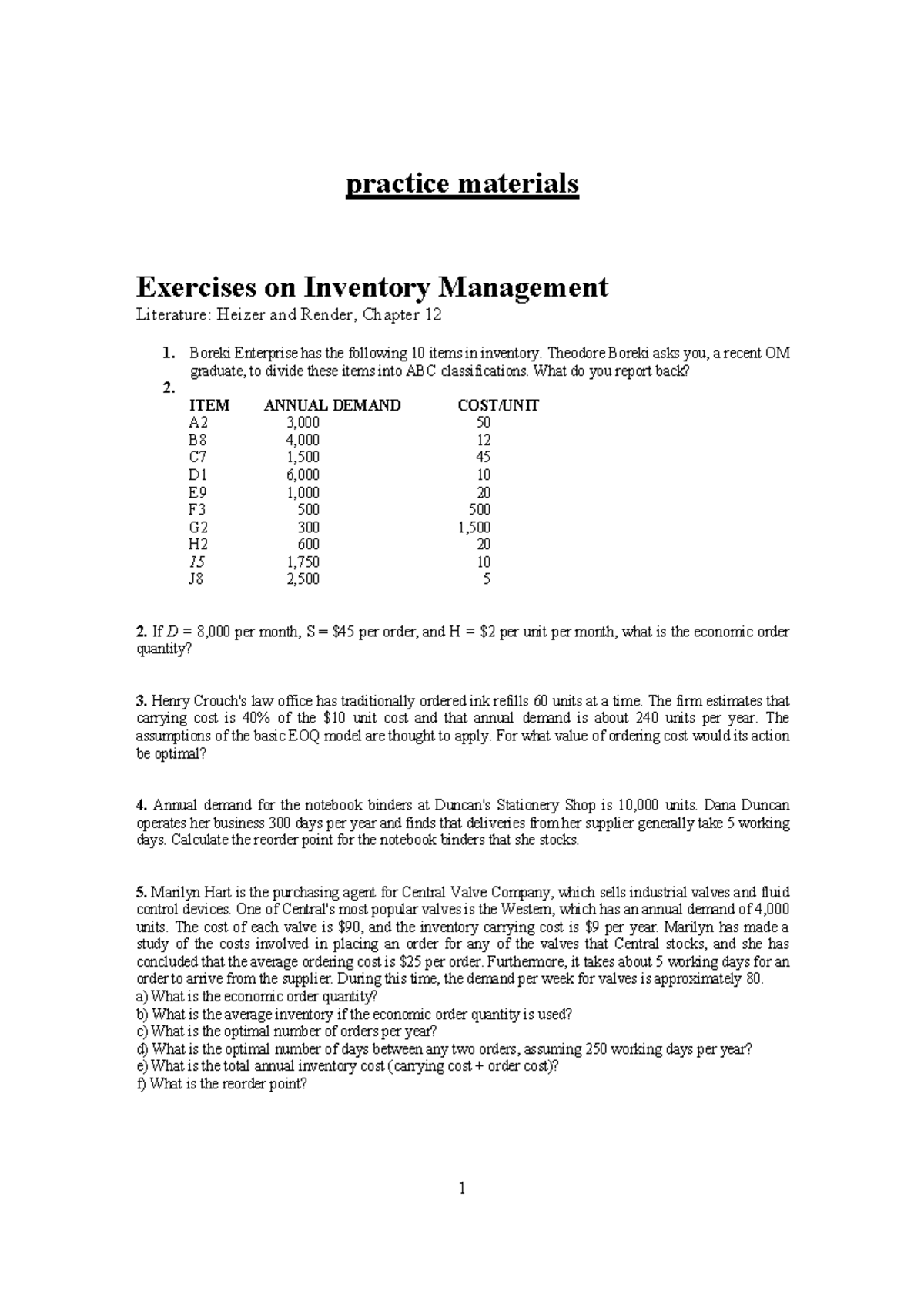 Chapter 12 Exercises on inventory management - practice materials ...