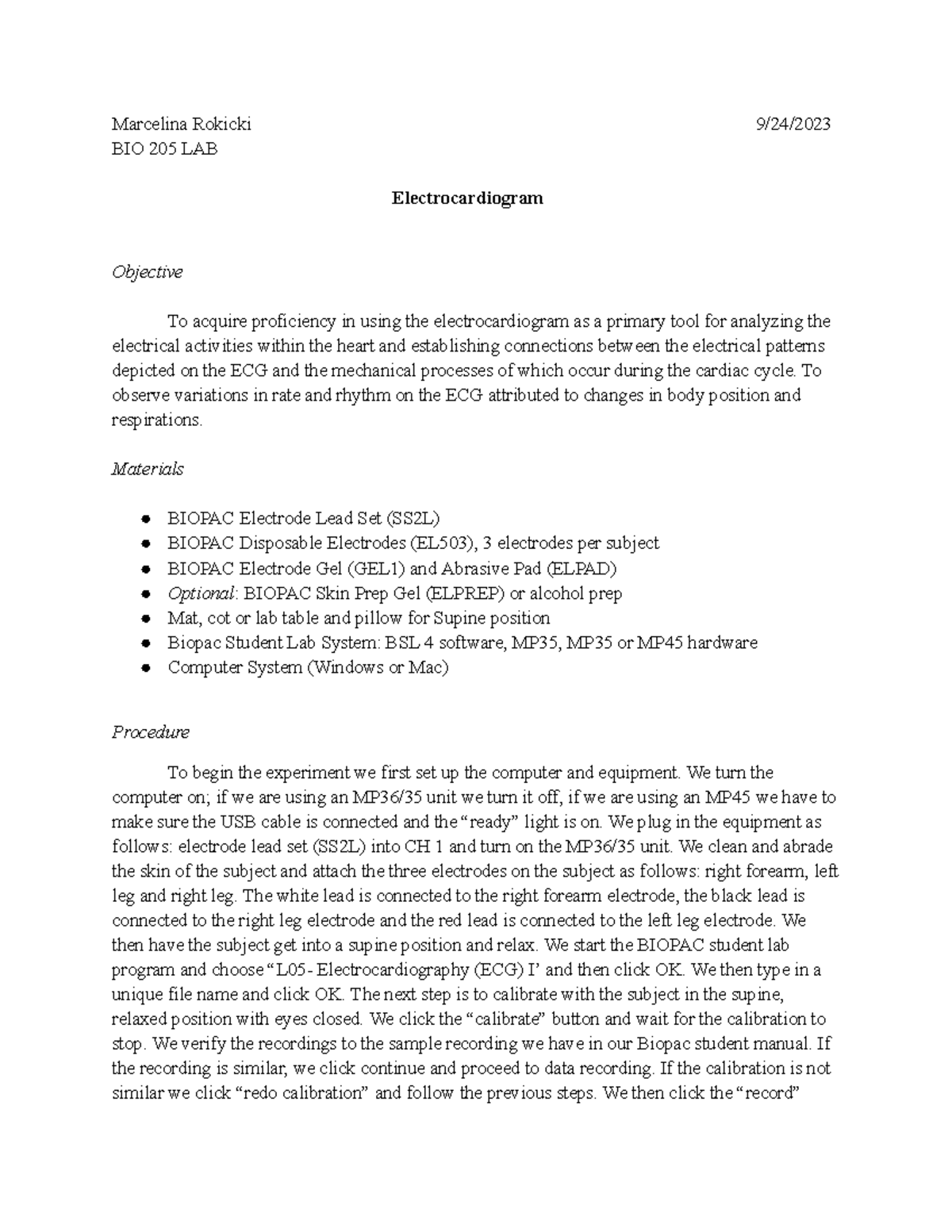 Bio 205 ecg lab report - Marcelina Rokicki 9/24/ BIO 205 LAB ...
