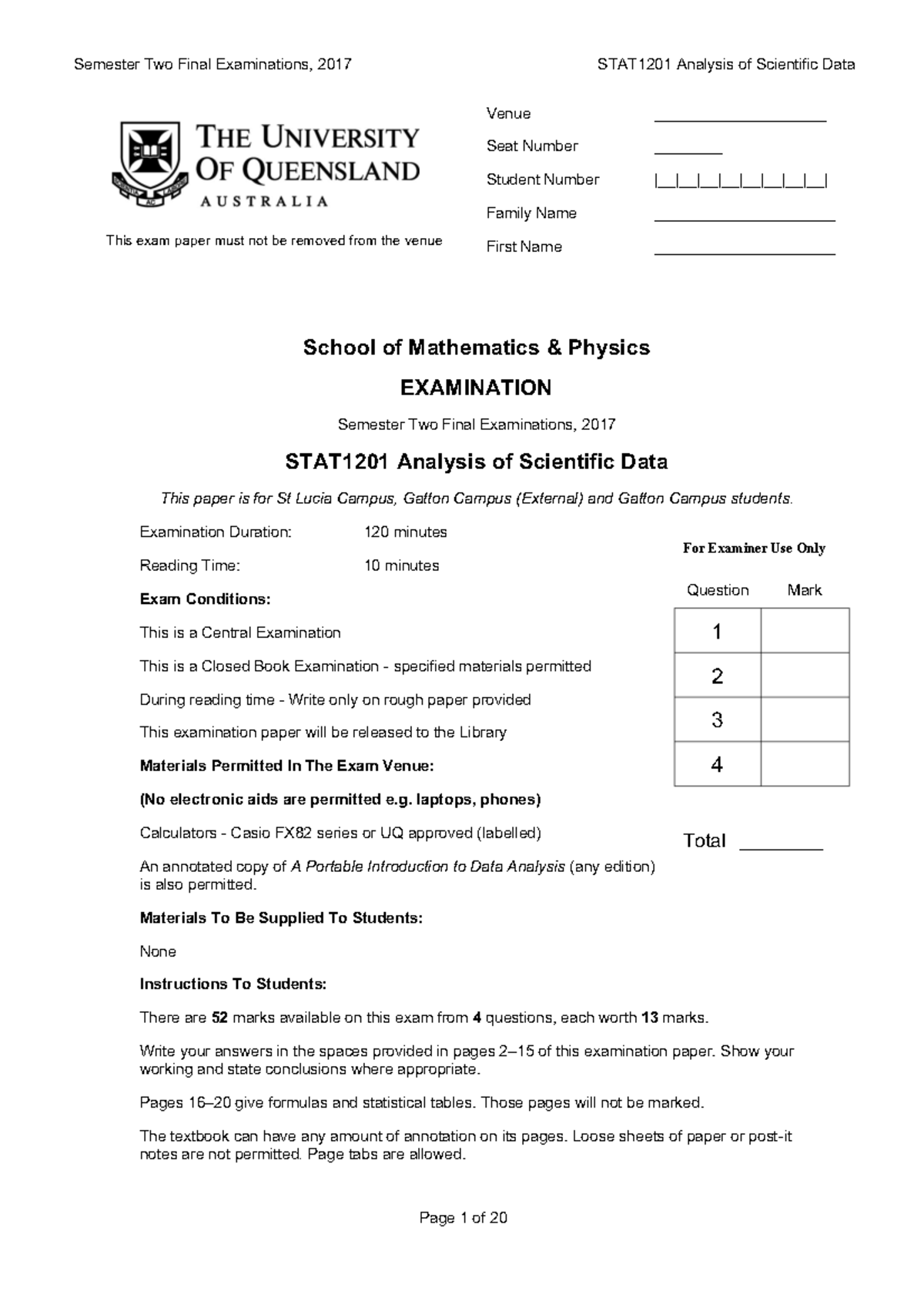 Formula Sheet Sem 2EOSE2017 STAT1201 - Semester Two Final Examinations ...