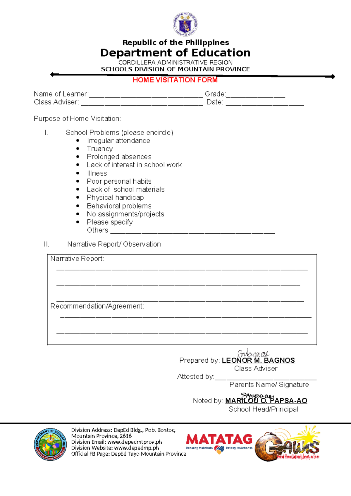 Home Visit Form - Republic of the Philippines Department of Education ...
