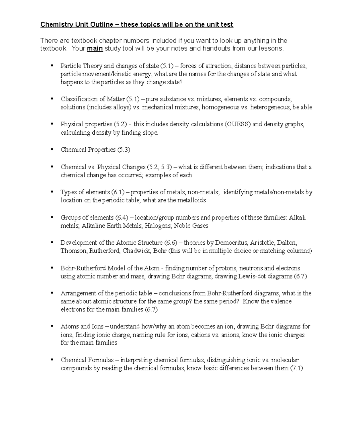 Chemistry Unit Outline for Test Dec. 2023 - Chemistry Unit Outline ...