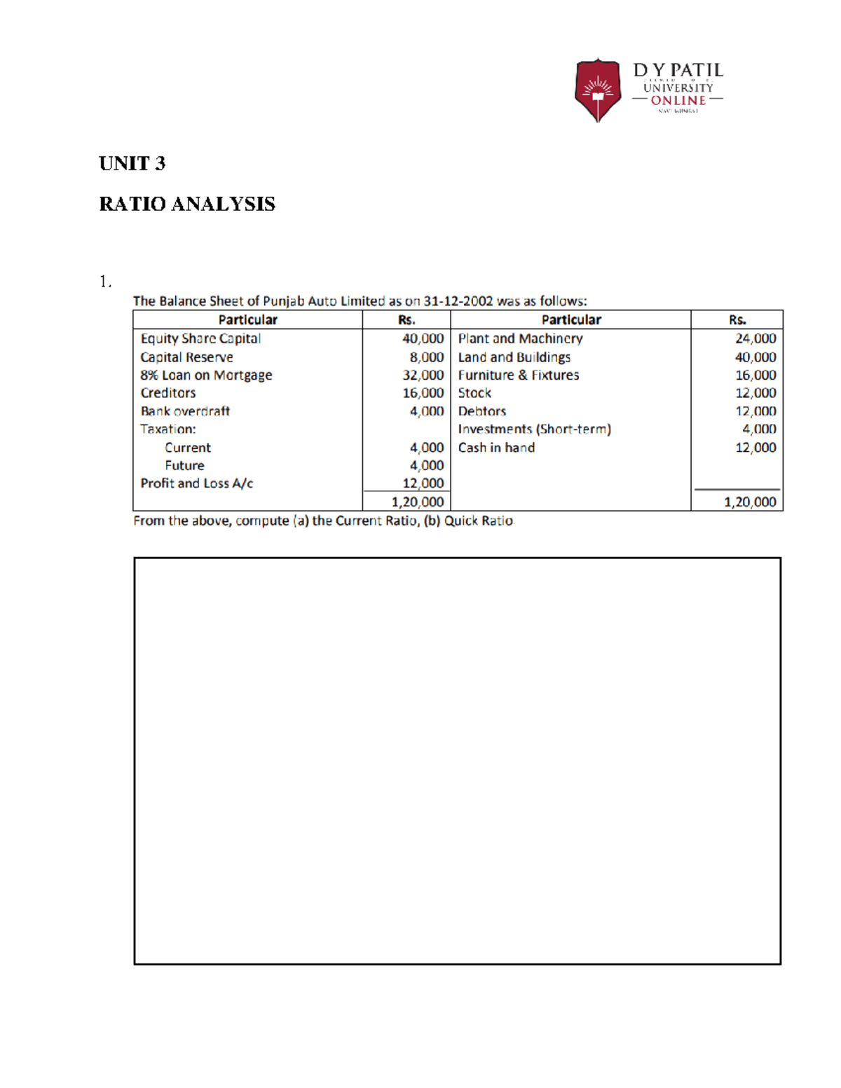 Module 3 Assignment - B. Com - UNIT 3 RATIO ANALYSIS 1. From the following particulars extracted ...