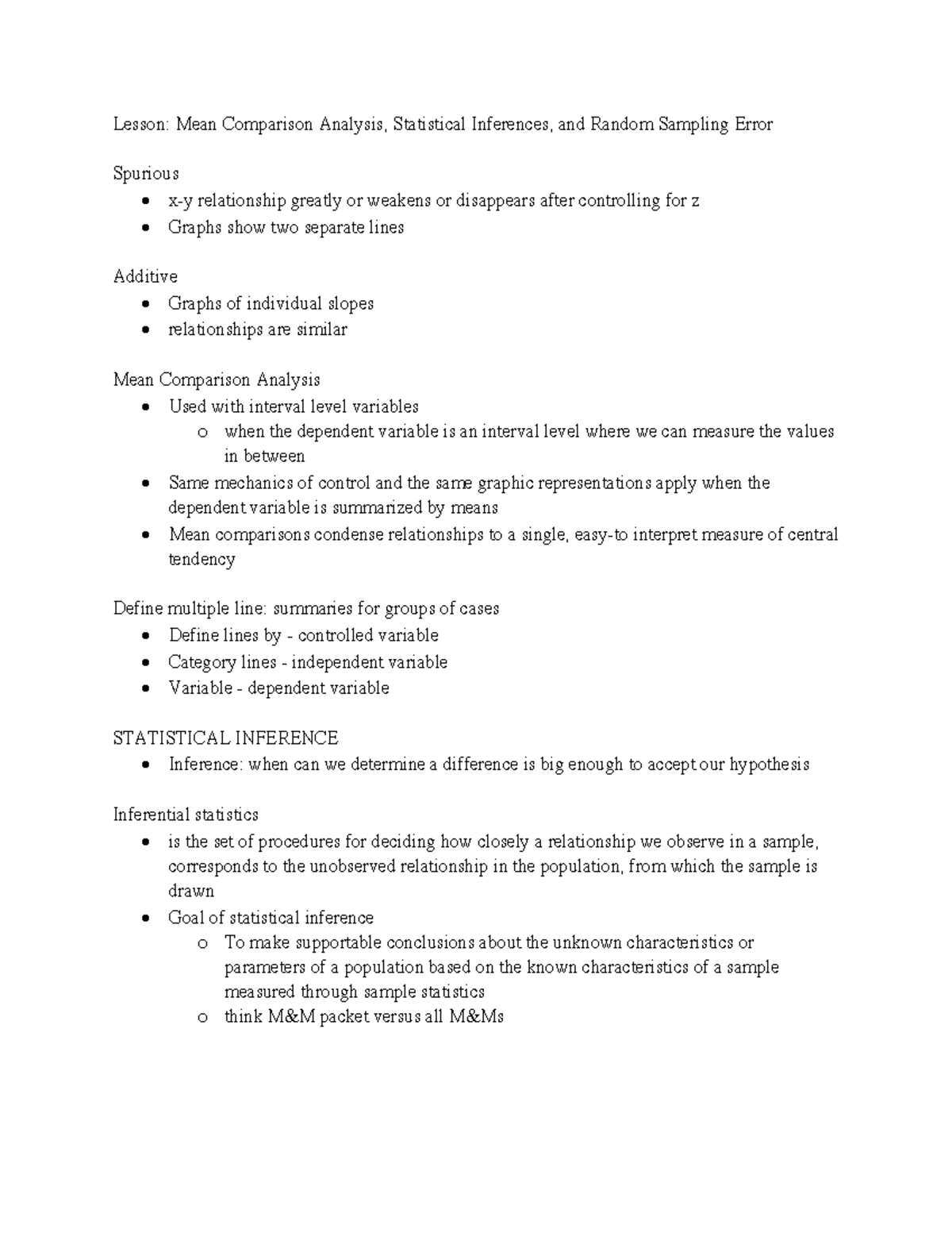 Mean Comparison Analysis, Statistical Inferences, and Random Sampling Error - Studocu