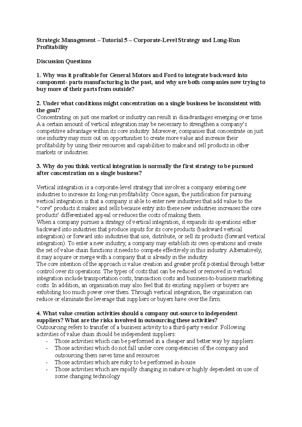 Strategic Management tuto 5 - Strategic Management – Tutorial 5 ...