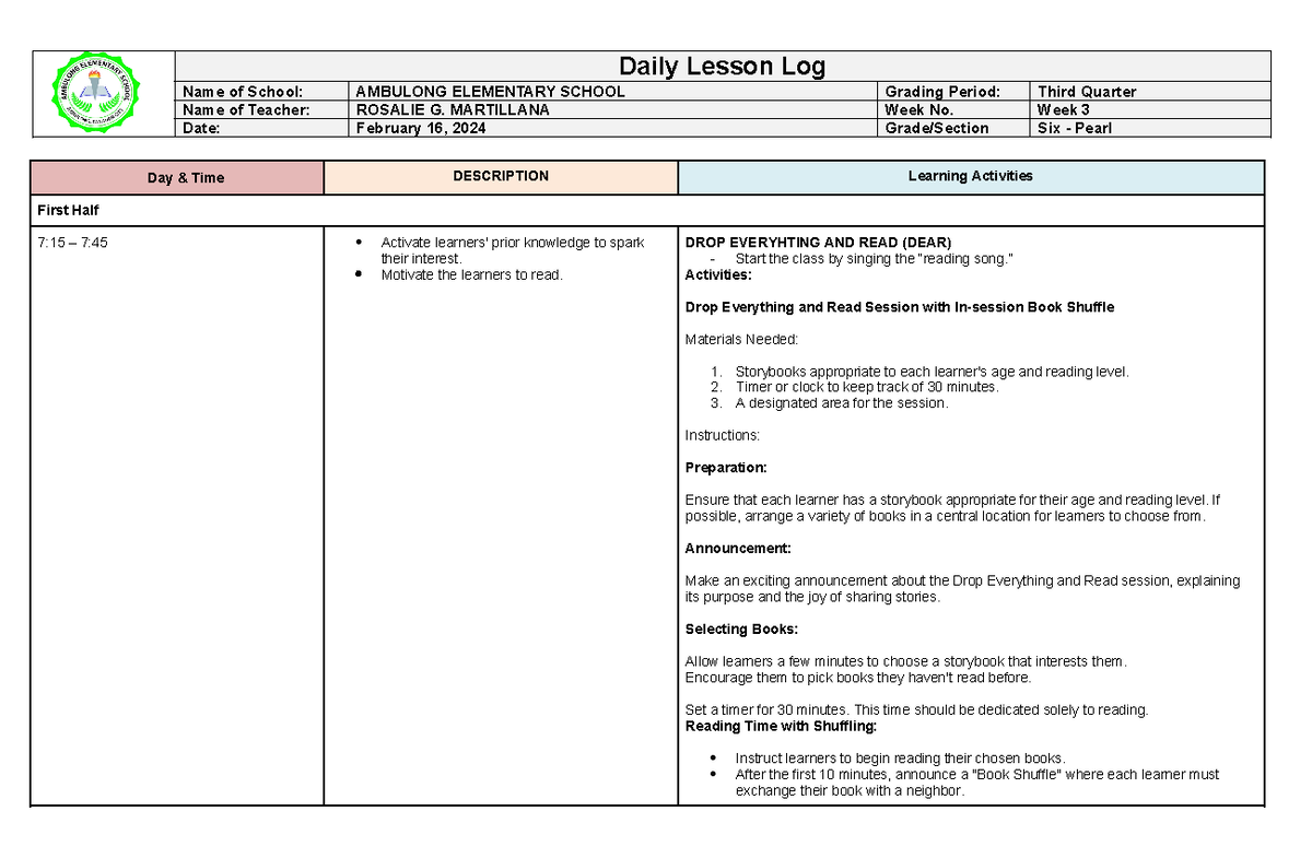 DLL- Catchup- Fridays-Grade-6-Feb.-16 - Daily Lesson Log Name of School ...