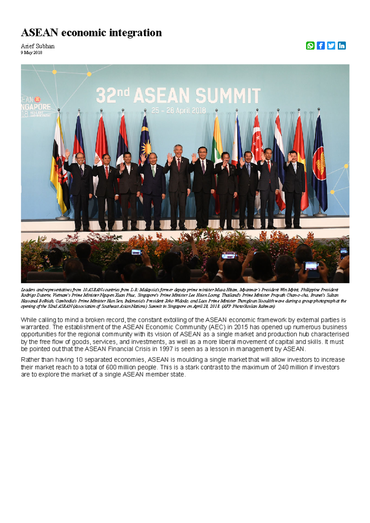 Asean economic integration - Article (The Asean Post 2018 0509) - ASEAN ...