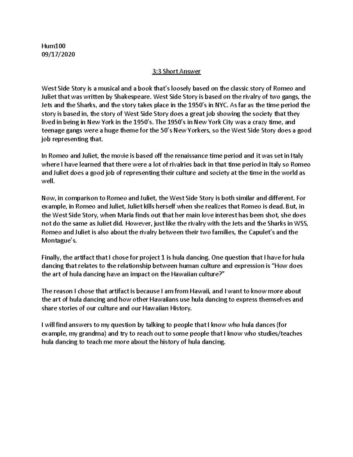 Hum 100 short reply Grade A - Hum 09/17/ 3:3 Short Answer West Side ...