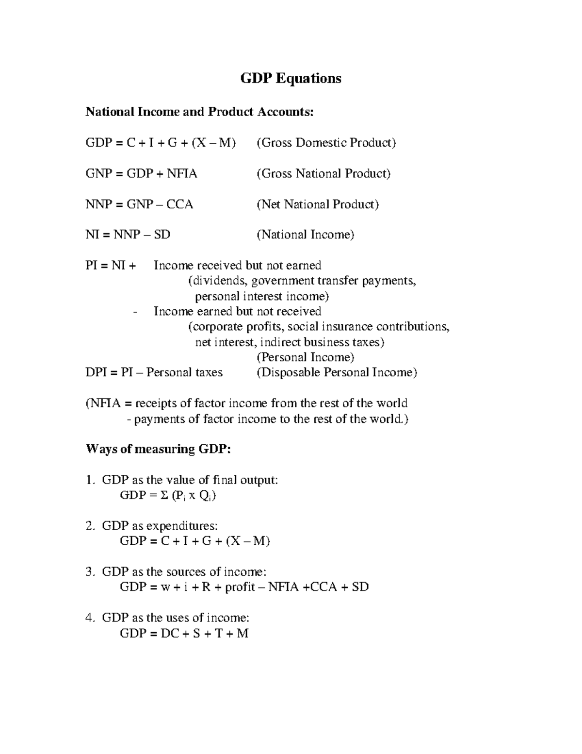 GDP Equations - GDP Equations National Income and Product Accounts: GDP ...
