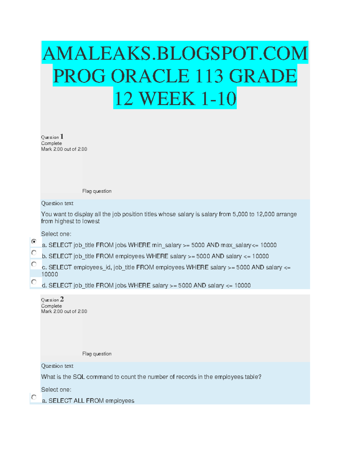 Pdfcoffee.com prog-oracle-113-grade-12-week-1-10-complete-mark-200-out-of-200-pdf-free - - Studocu